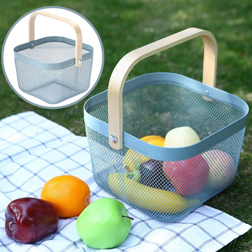 Mesh Steel Fruit Basket Bin with Wood Handle, White Hanging Storage ...