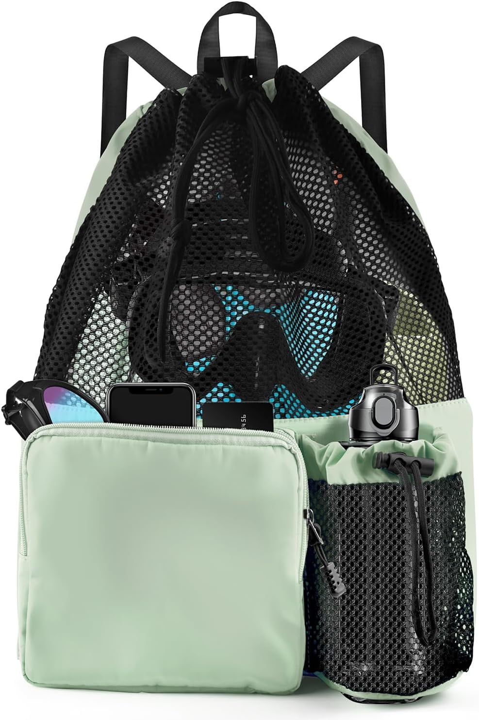 Mesh Swim Bag Drawstring, Beach Backpack with Wet/Dry Pocket, Water ...