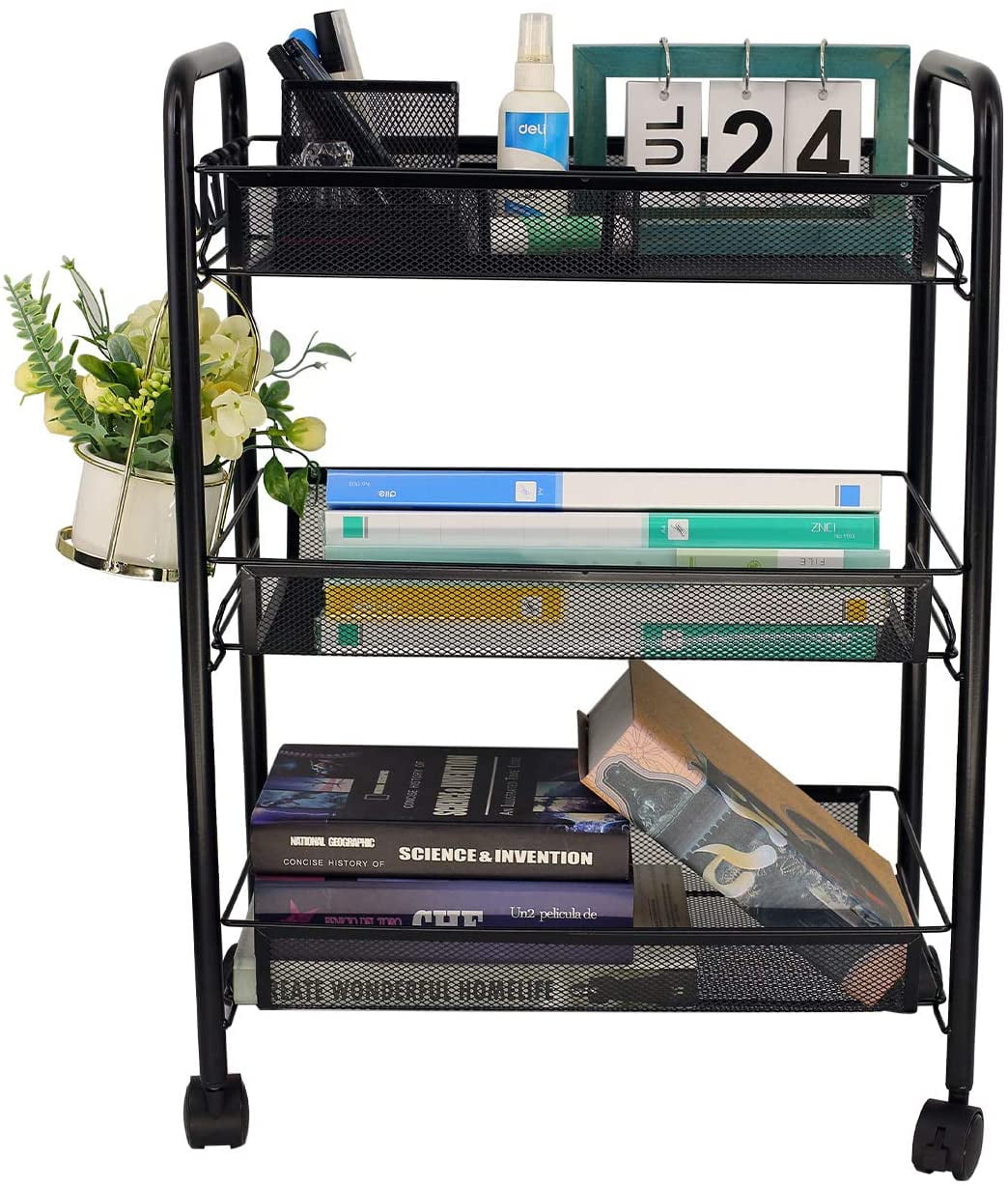 Mesh Wire 3 Tier Rolling Cart, Kitchen Storage Utility Cart ...