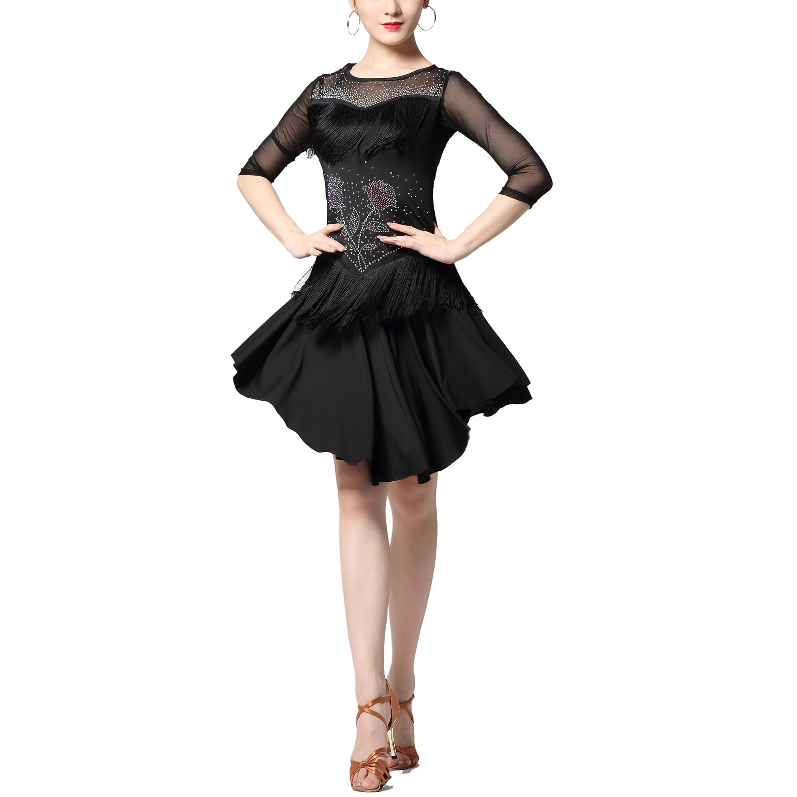 Mesh Yoke Sheer Sleeve Rhinestone Ruffle Fringe Bustline Dance Performance Practice Dresses ...