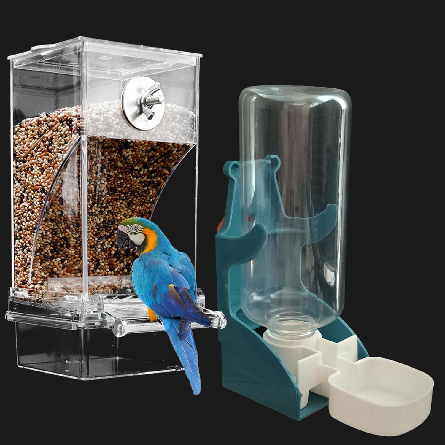 No Mess Bird Feeder Water Dispenser Set, Automatic Transparent Parrot ...