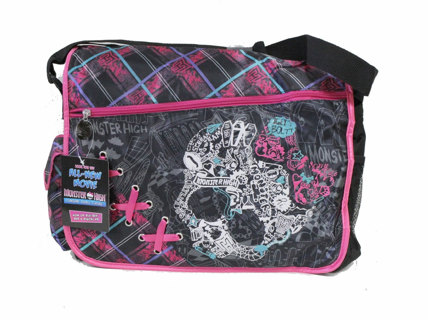 "Monster High - Black and Pink Plaid Laces Messenger Bag (Size: 15"" x ...