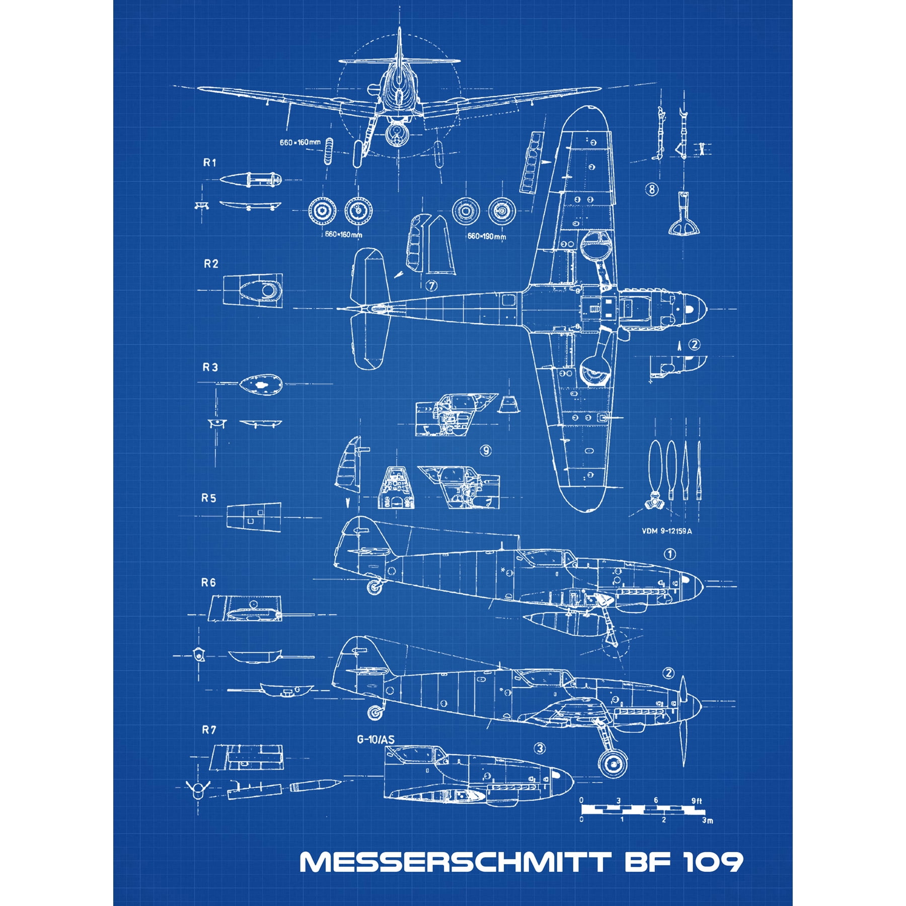 Messerschmitt Bf 109 Fighter Plane 2 Blueprint Plan Extra Large XL Wall ...