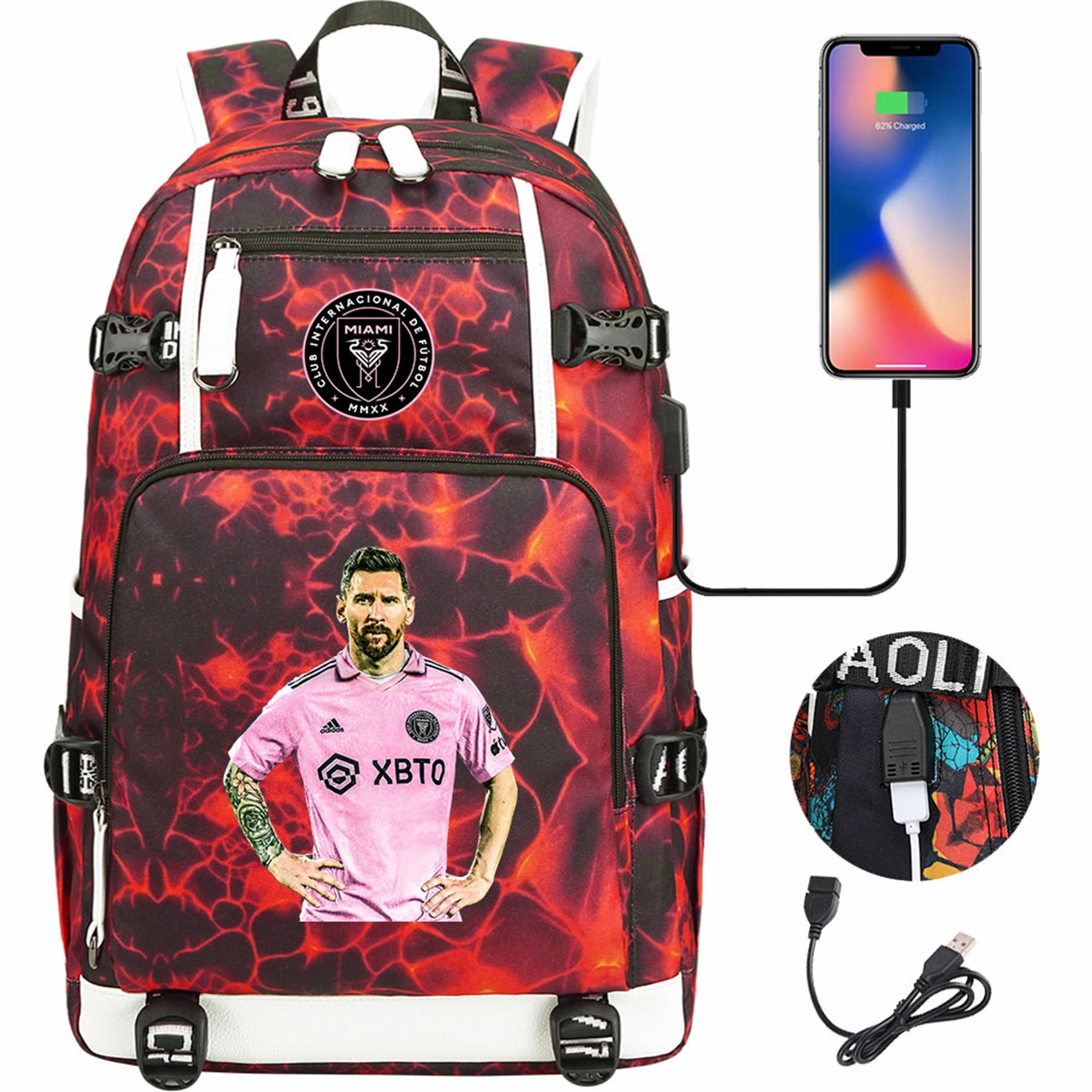 Messi_10 Novelty Travel Backpack with Headphone/USB Charging Port ...