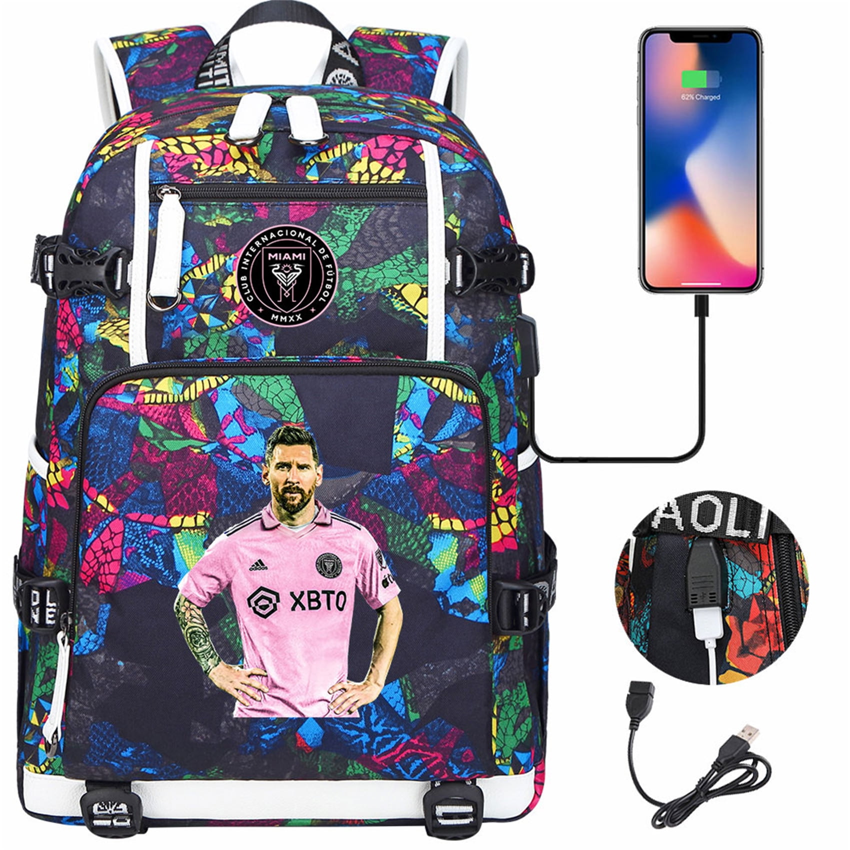 Messi_10 Novelty Travel Backpack with Headphone/USB Charging Port ...