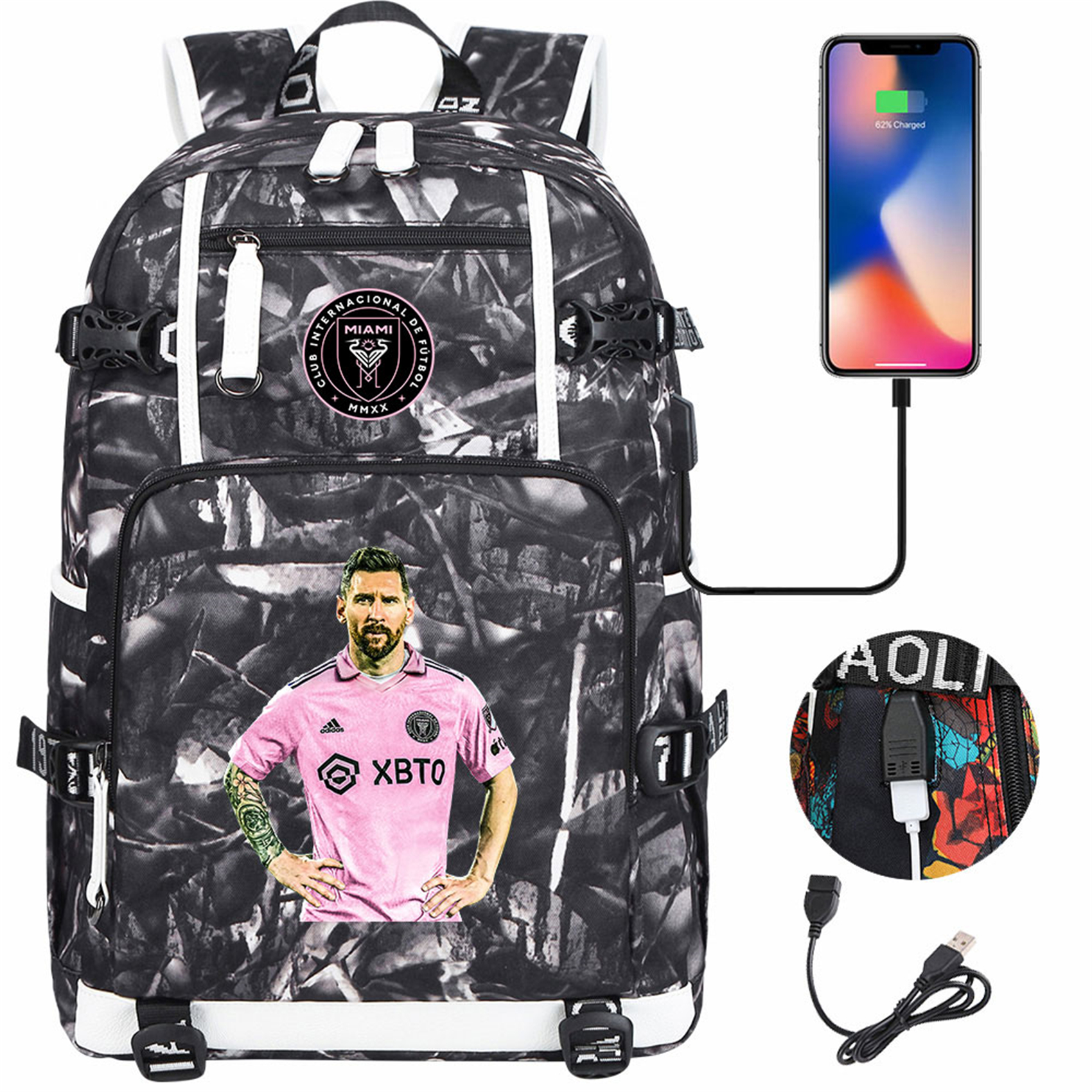 Messi_10 Novelty Travel Backpack with Headphone/USB Charging Port ...