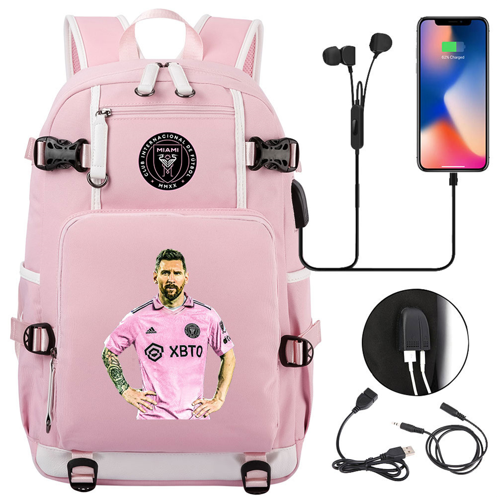 Messi_10 Novelty Travel Backpack with Headphone/USB Charging Port ...