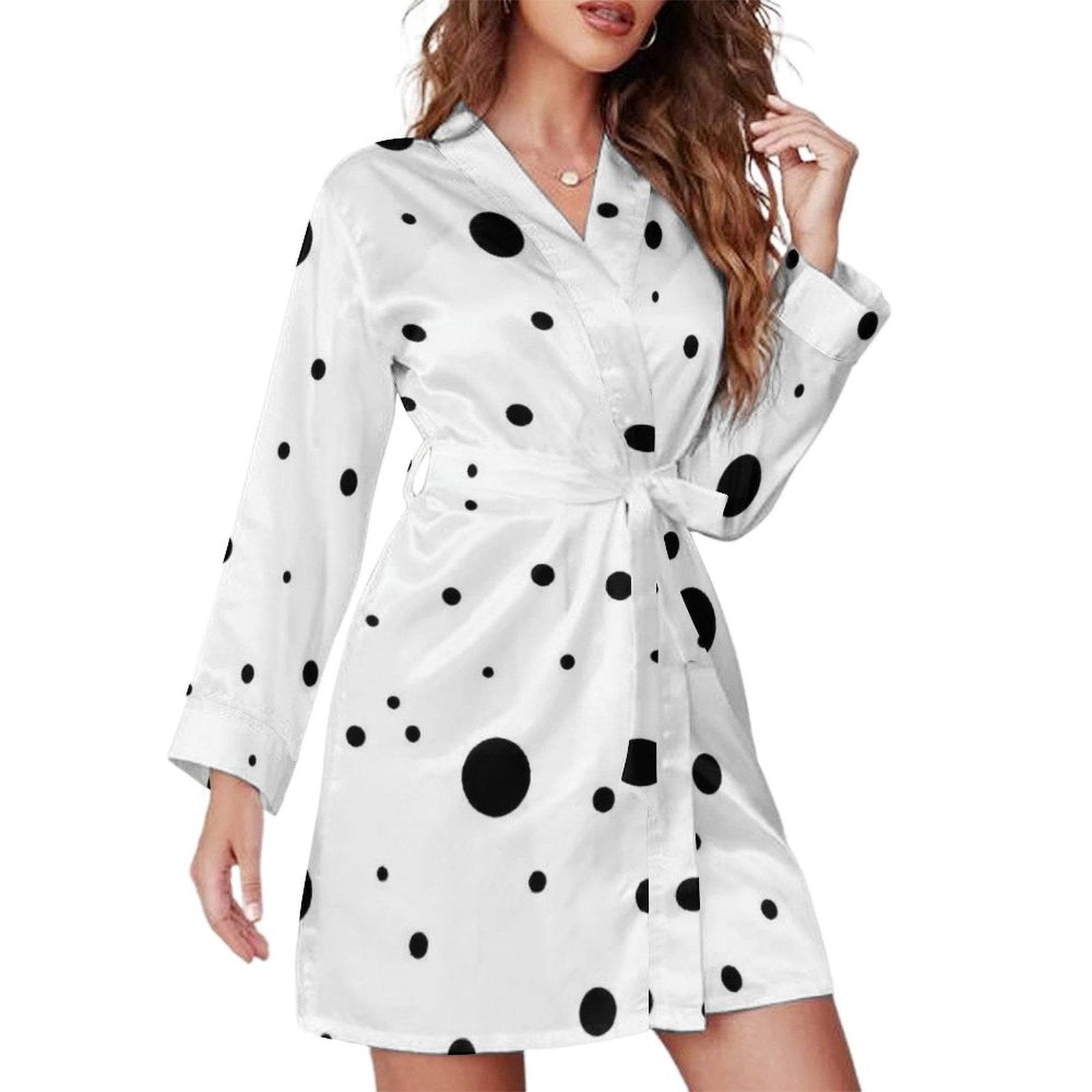 Messy Black Polka Dots Night Robe Long Sleeve V Neck Robe With Belt ...