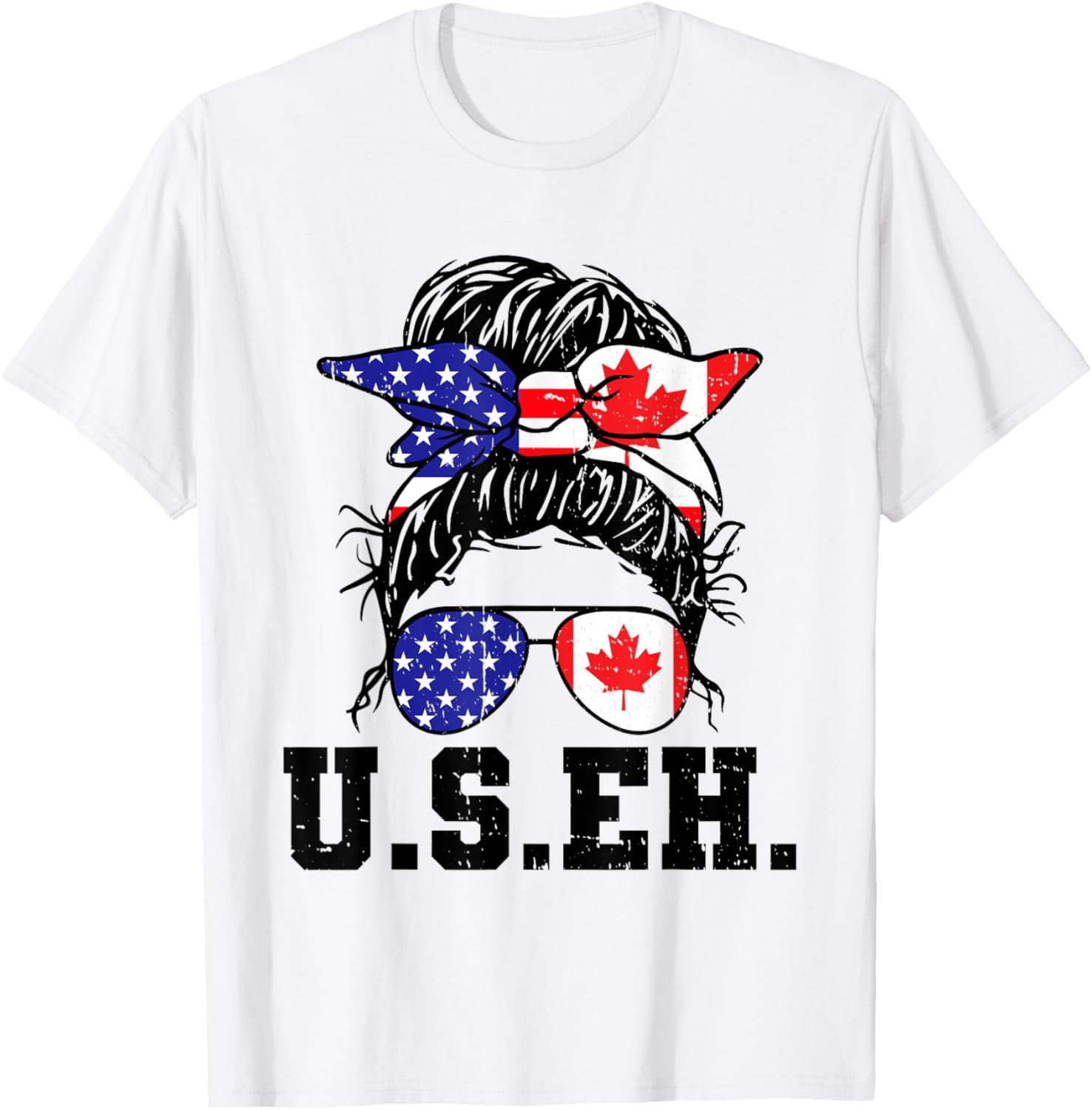 Messy Bun American Canadian Flag Sunglasses US EH Canada Day T-Shirt ...