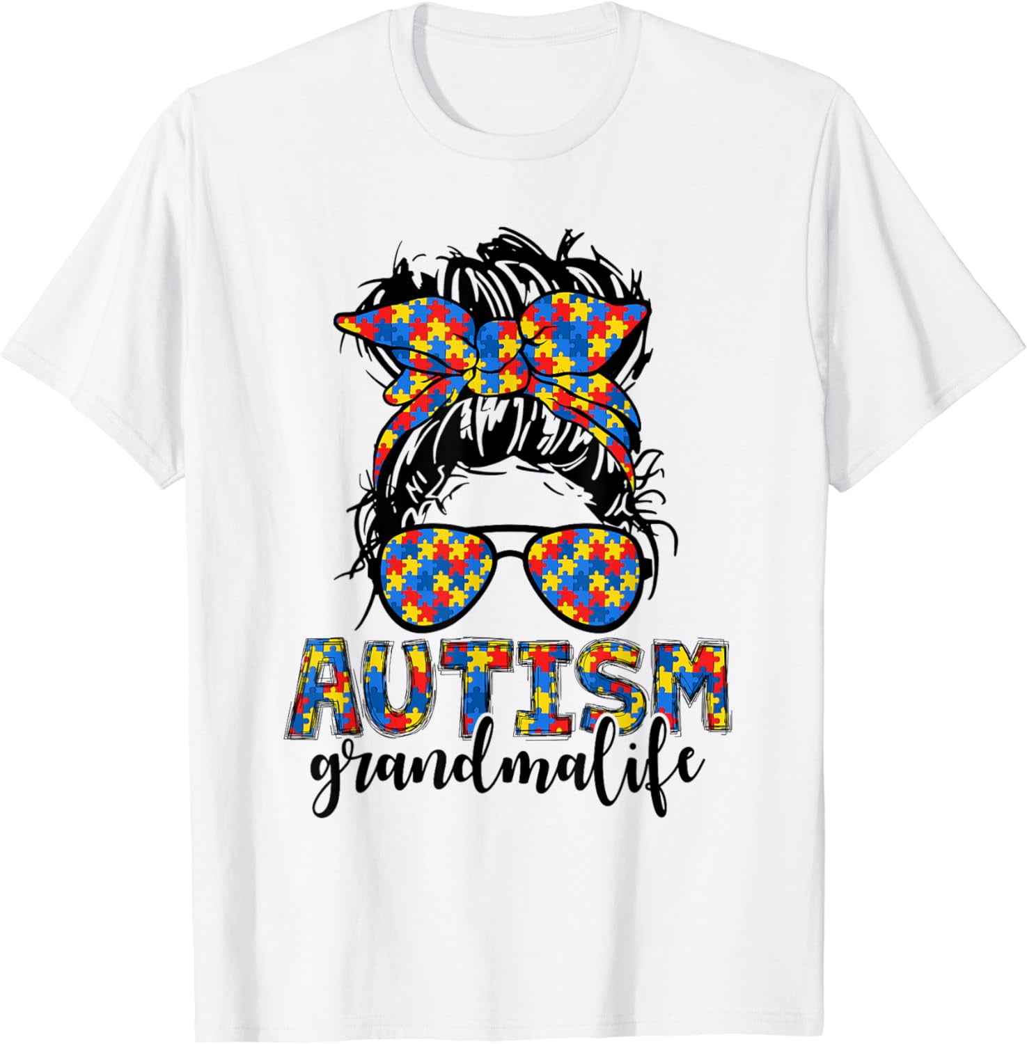 Messy Bun Bandana Grandma Support Women Autism Awareness T-Shirt - Walmart.com