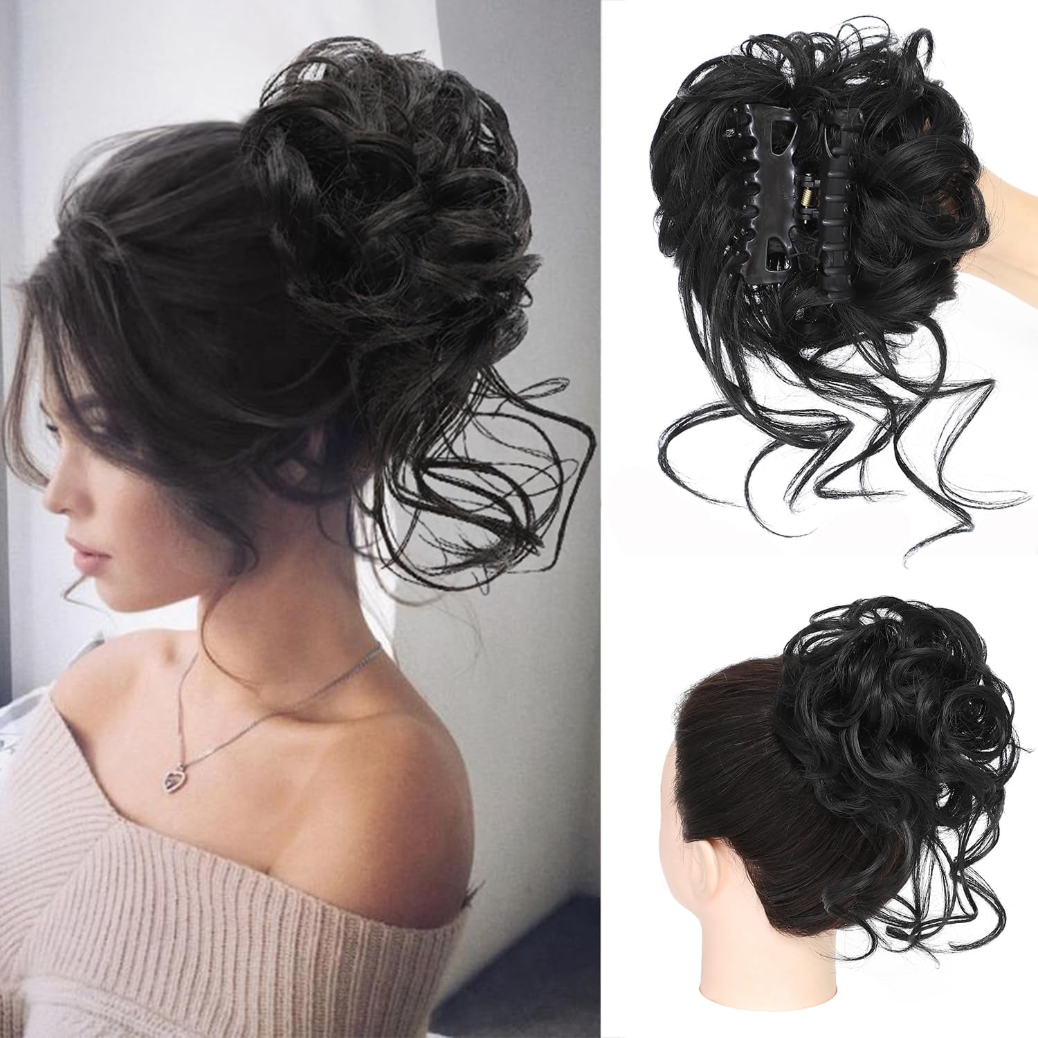 Messy Bun Hair Piece Claw Clip Curly Wavy Faux Hair Bun Tousled Updo ...