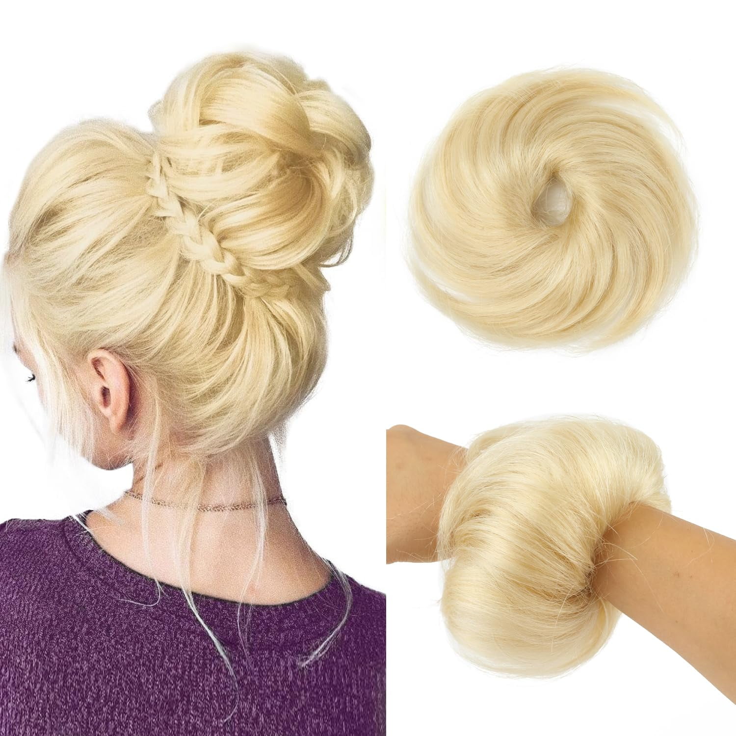 Messy Bun Hair Piece Human Hair Bleach Blonde Natural Curly Tousled ...