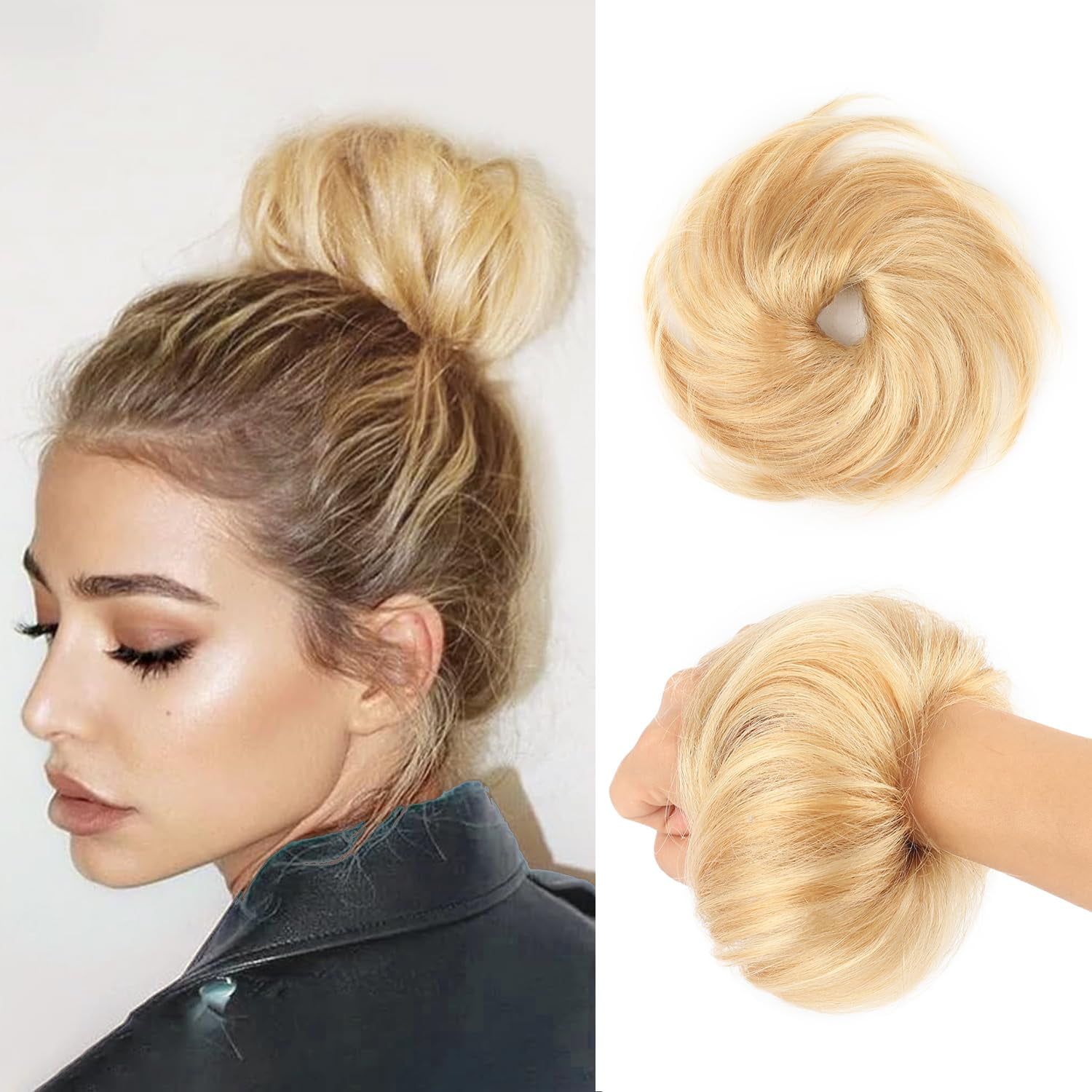 Messy Bun Hair Piece Human Hair Wavy Ash Blonde Highlighted Bleach ...