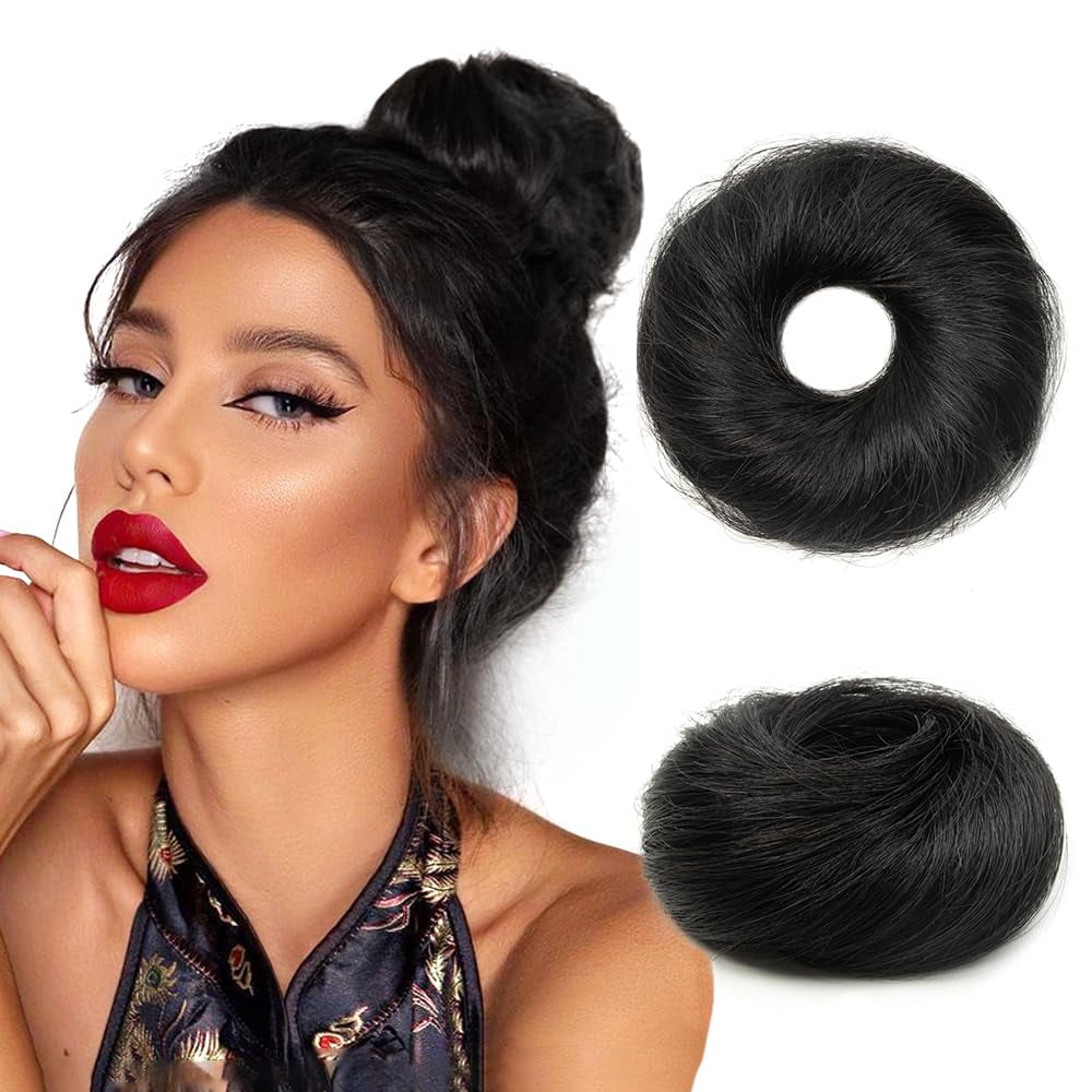 Messy Bun Hair Piece Human Hair Wavy Stretchy Jet Black 100% Real Human ...