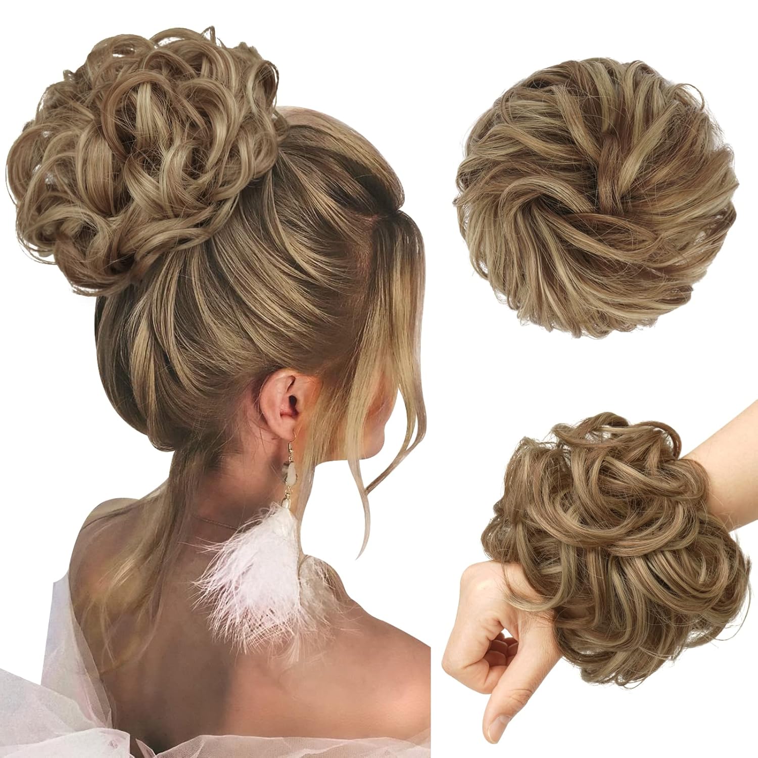 Messy Bun Hair Piece Wavy Curly Large Brown & Blonde Hair Bun ...