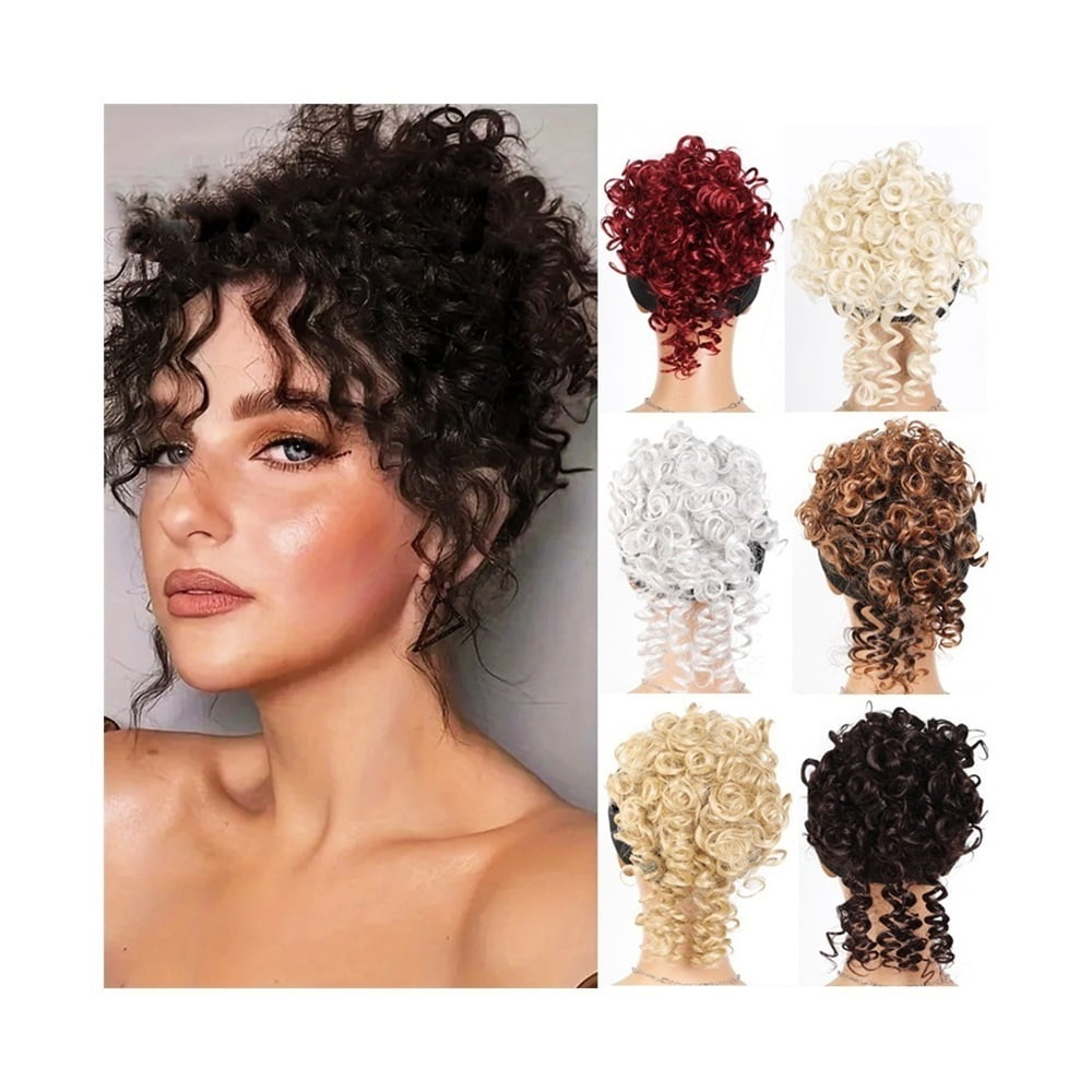 Messy Bun Hair Piece with Long Tail, Synthetic Curly Elastic Drawstring ...