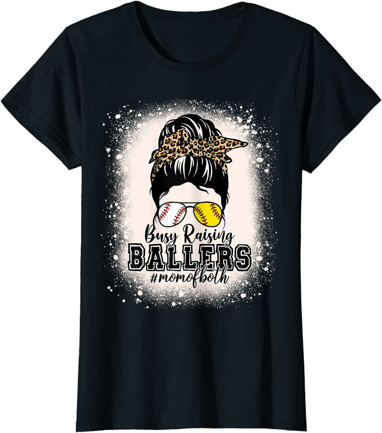 Messy Bun Mom Of Both Baseball Softball Busy Raising Ballers T-Shirt ...