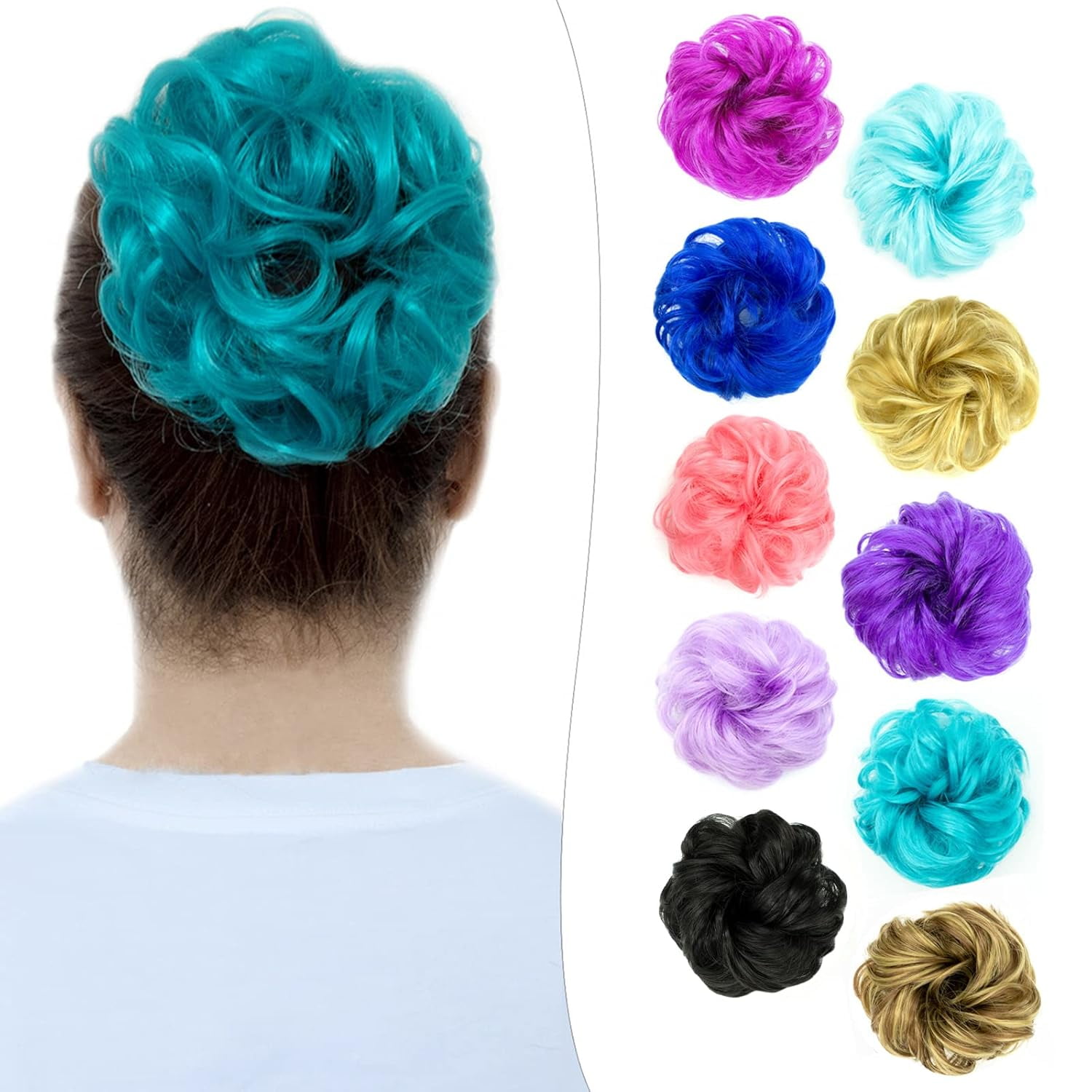 Messy Bun Scrunchie, Lake Blue, Curly Wavy Synthetic Hair, Bun ...