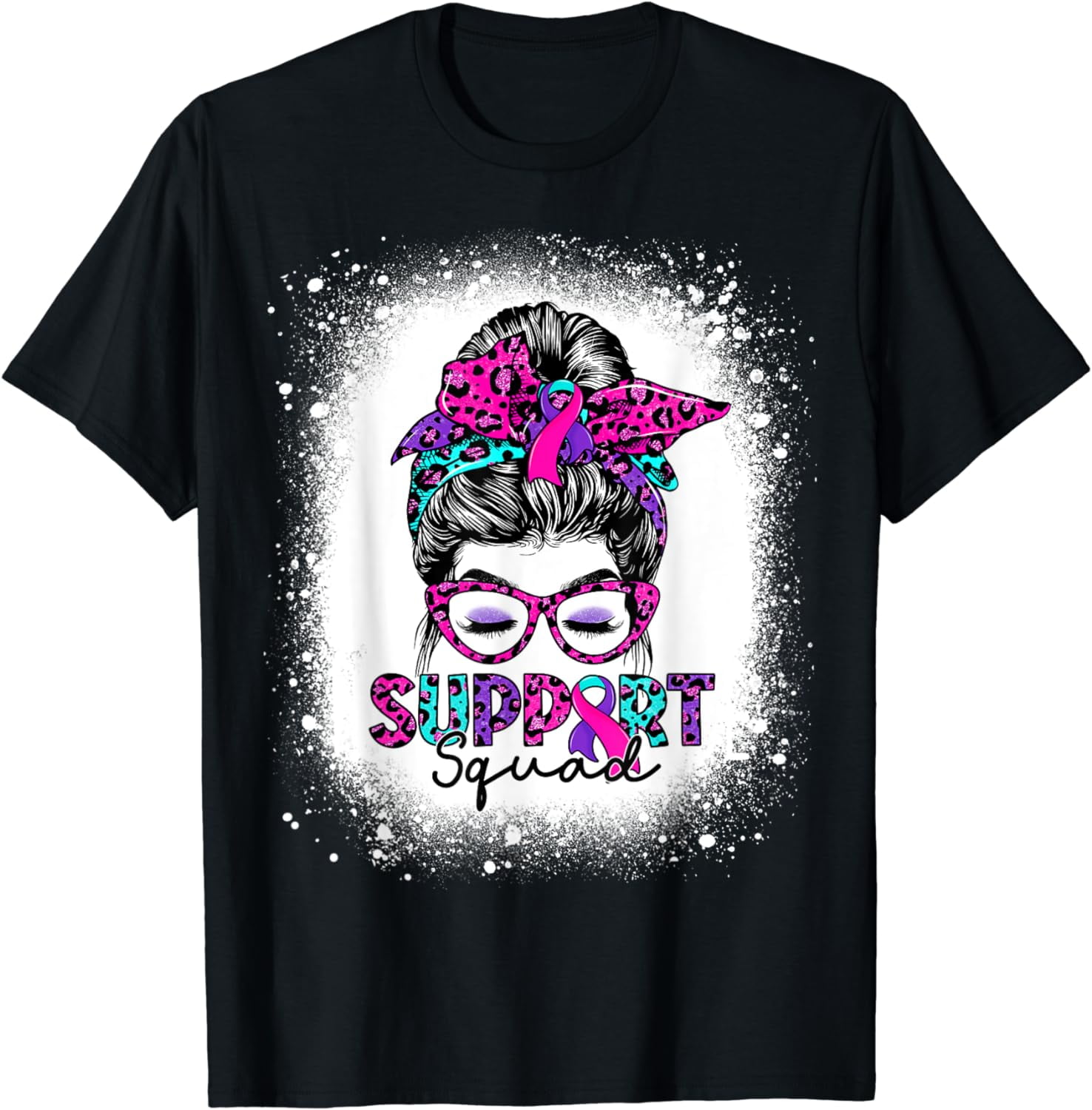 Messy Bun Support Squad Thyroid Cancer Awareness Ribbon T-Shirt ...