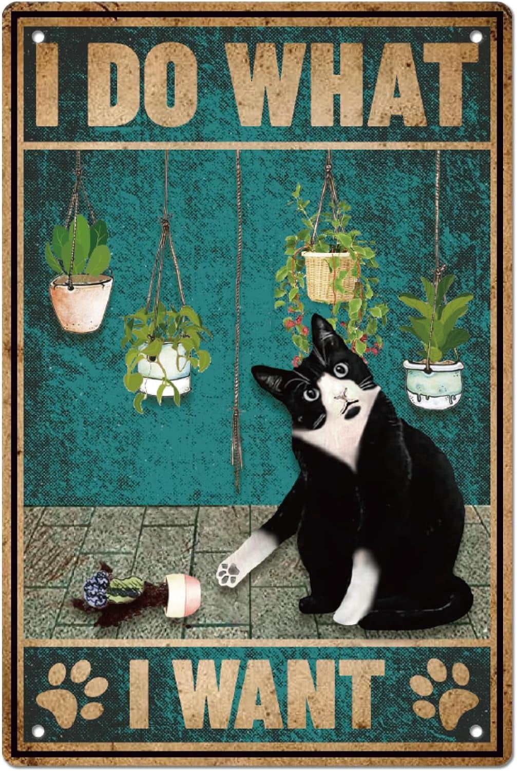 Messy Cat Metal Tin Sign Vintage Art Iron Wall Decor Potted Plant Metal ...