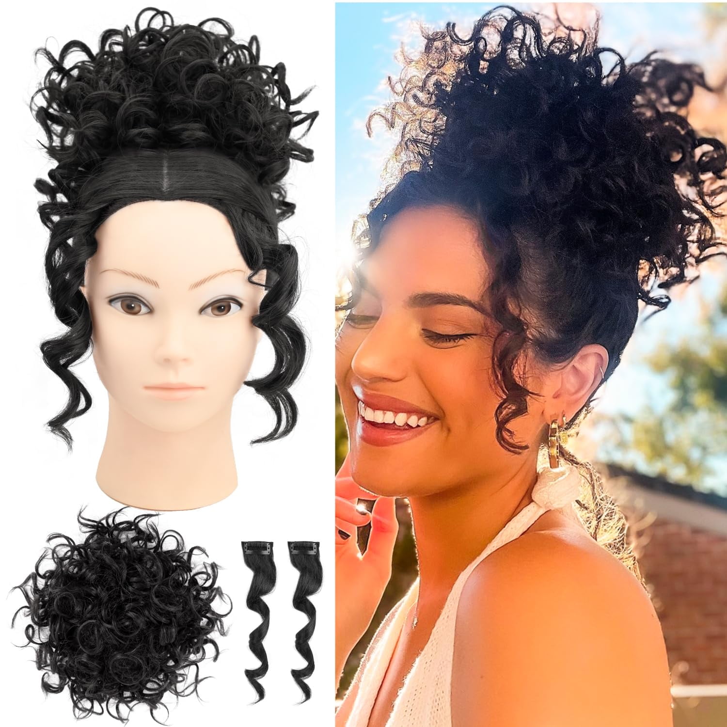 Messy Hair Bun Hairpiece with Bangs for Women Loose Wave Large Curly ...