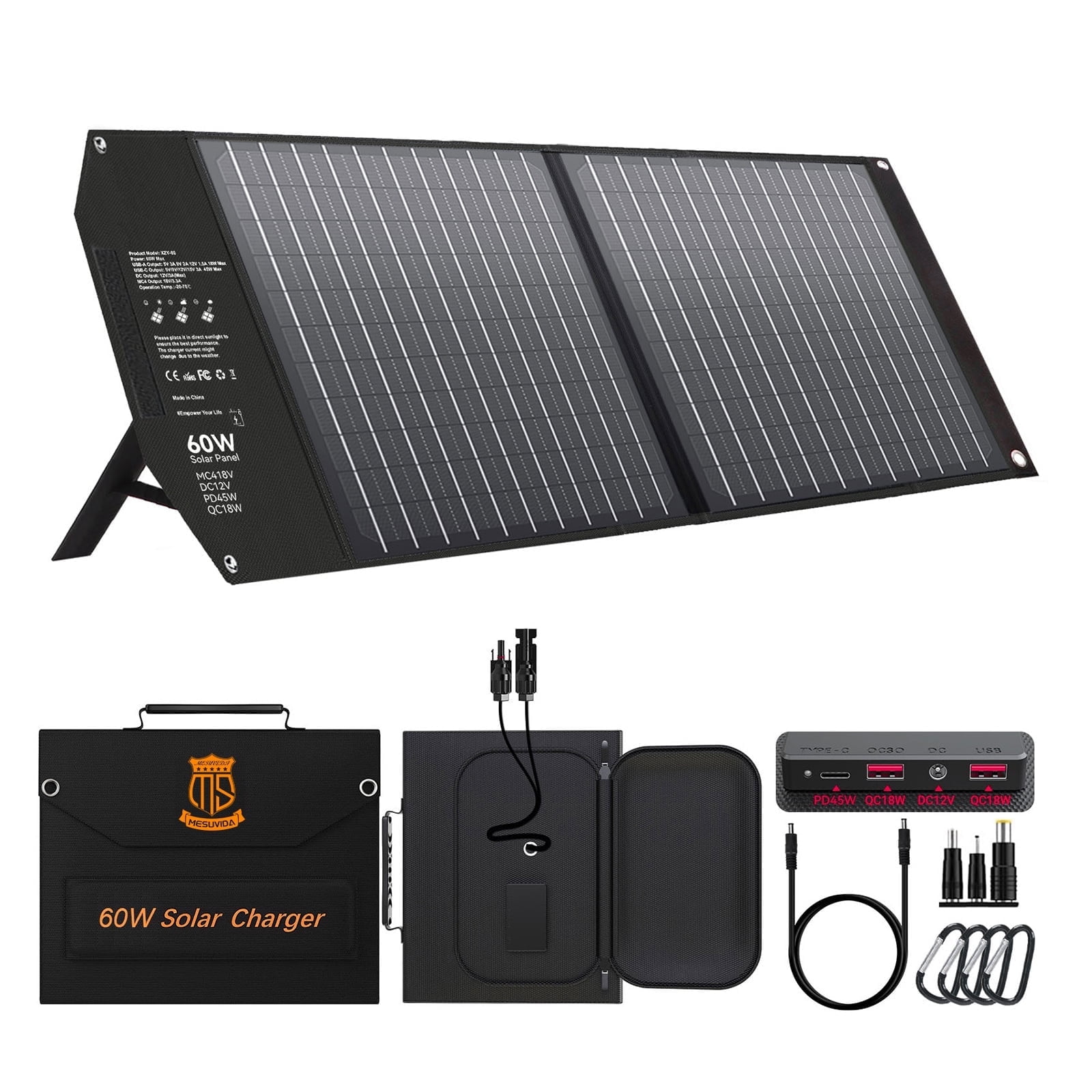 Mesuvida 60W Portable Foldable Solar Panels Chargers with USB-C PD3.0 ...