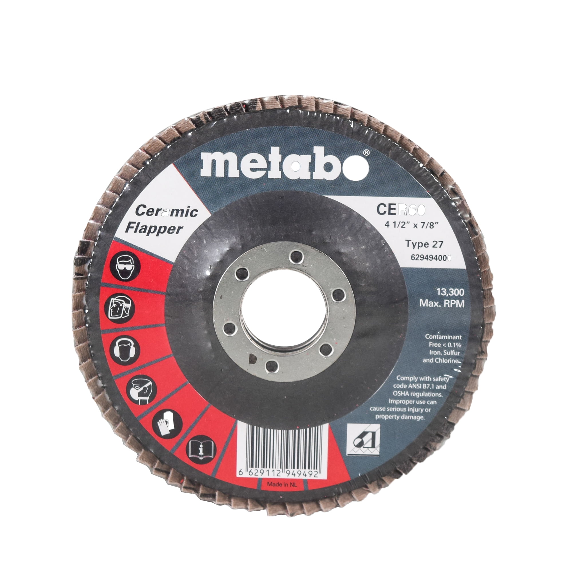 Metabo 629494000 4 1/2" 7/8 T27 60 Grit Red Ceramic Flapper Abrasive ...
