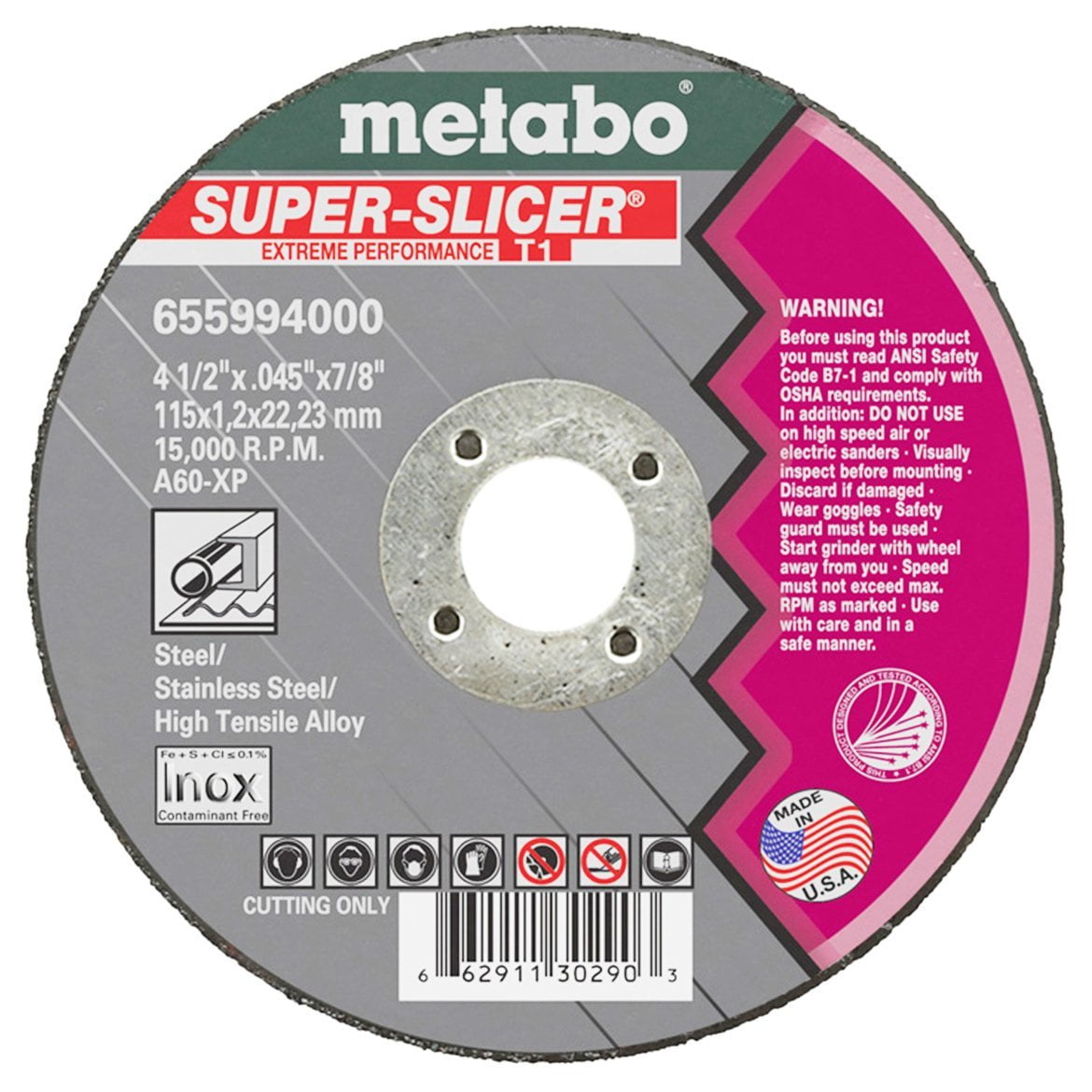Metabo Cutting Wheel, 4 1/2 in Dia, .045 in Thick, 60 Grit Alum. Oxide ...