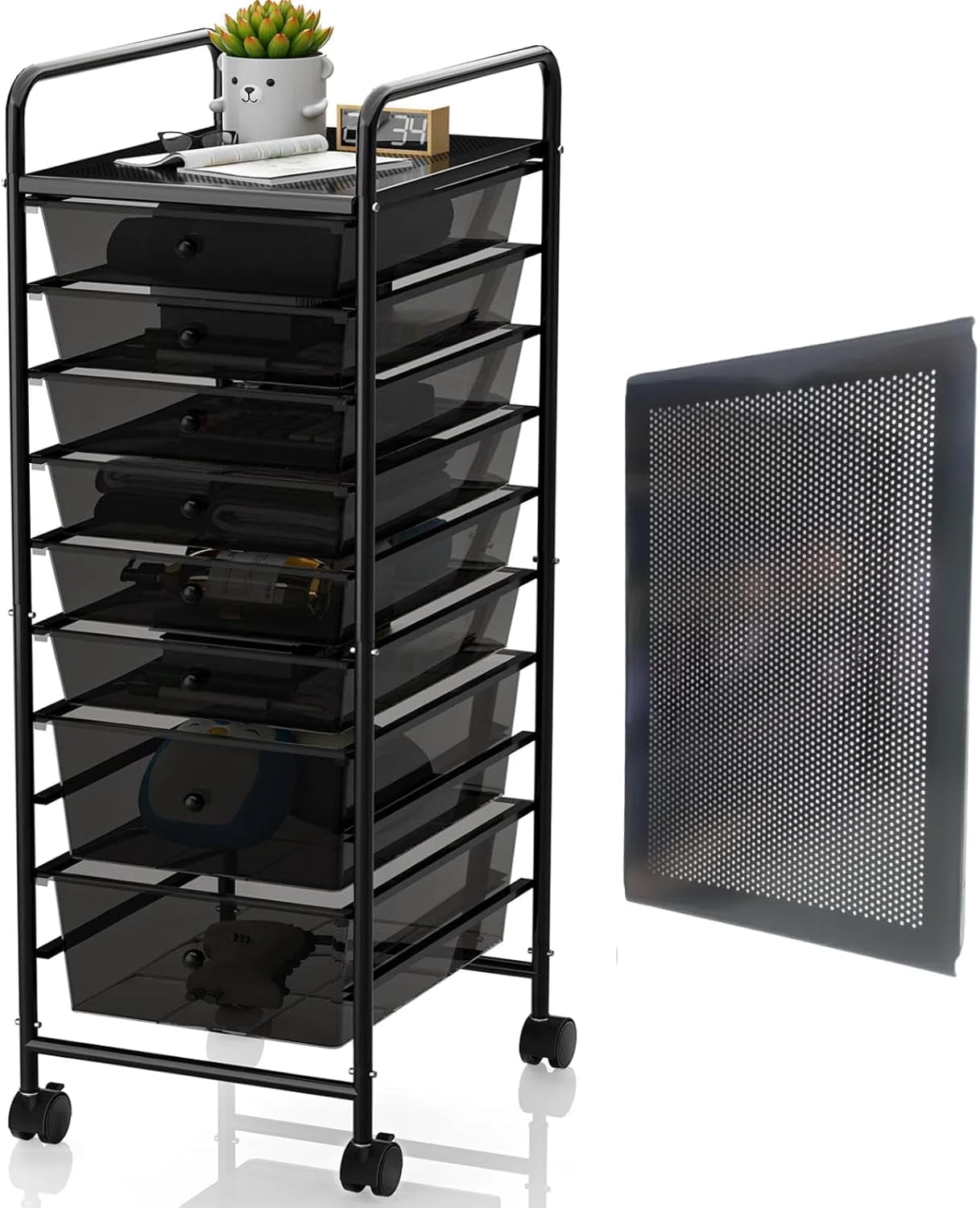 Metal 10 Tier Rolling Cart with 8 Drawers,1 Table Top & 4 Wheels ...