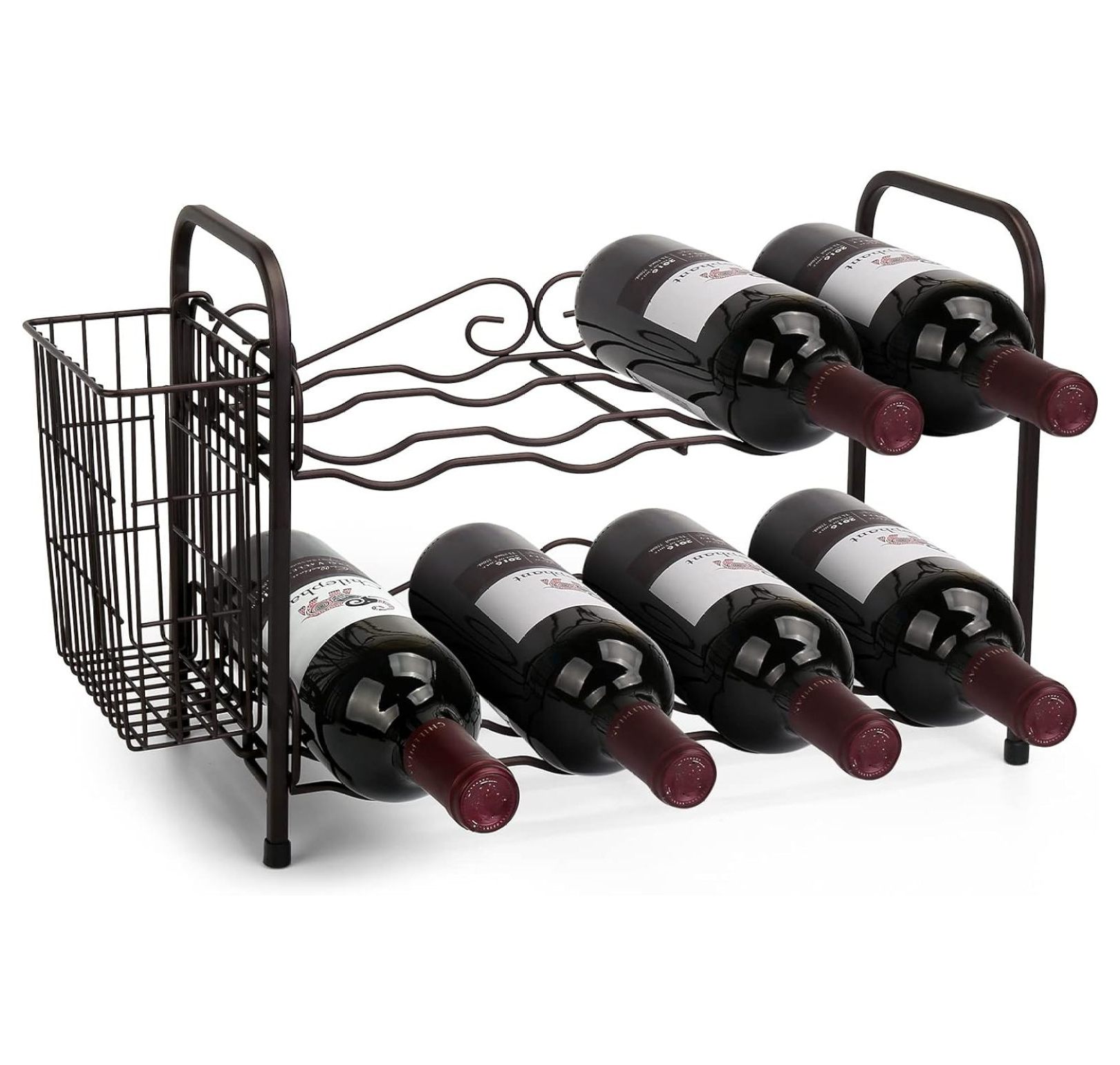 Metal 2 Tier Countertop Wine Rack with Storage Basket, Wine Cabinet ...