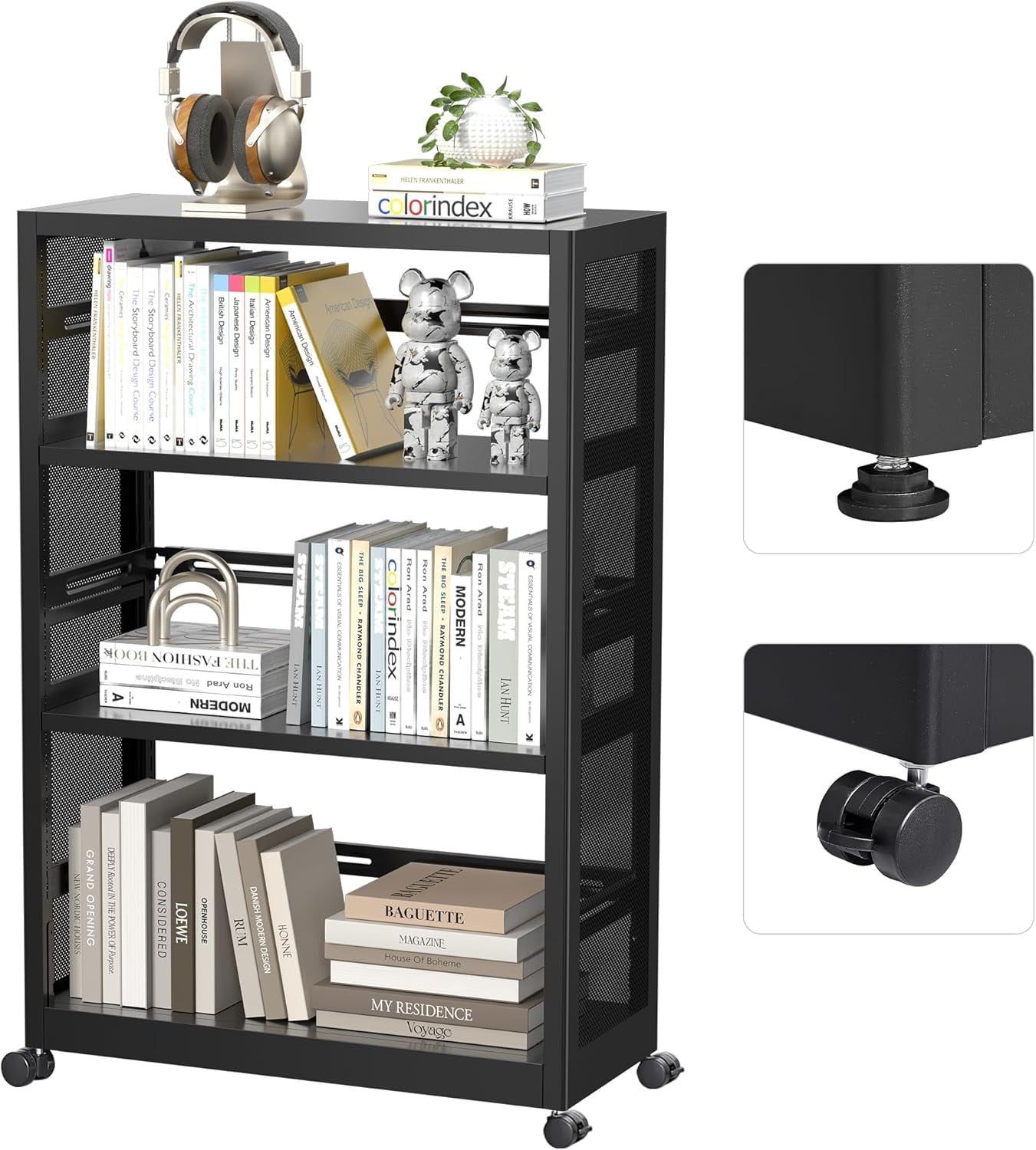 Metal 3 Tier Bookshelf with Wheels and Adjustable Feet, Heavy Duty 3 ...