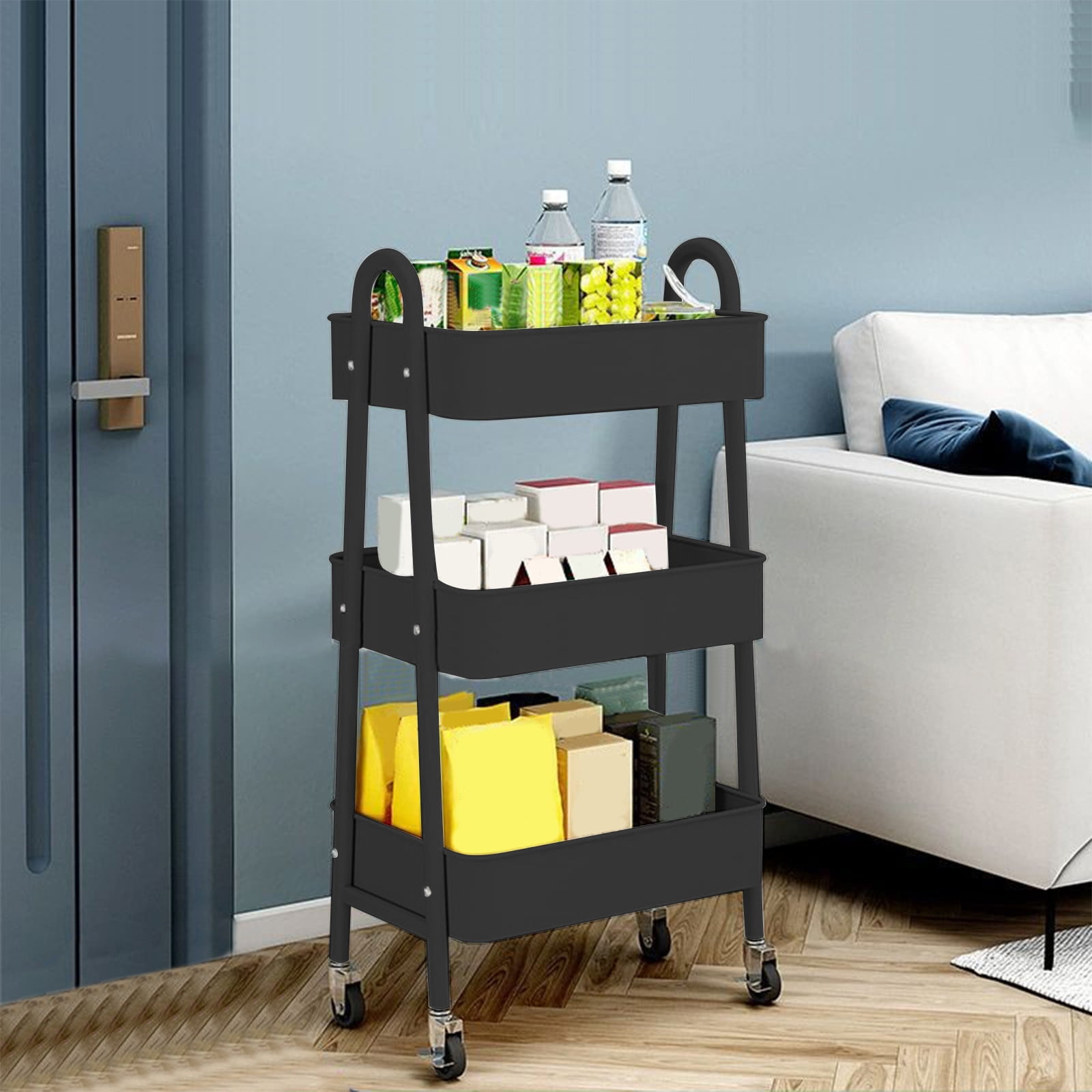 Metal 3-Tier Storage Cart with Handle and Lockable Wheels Stackable ...