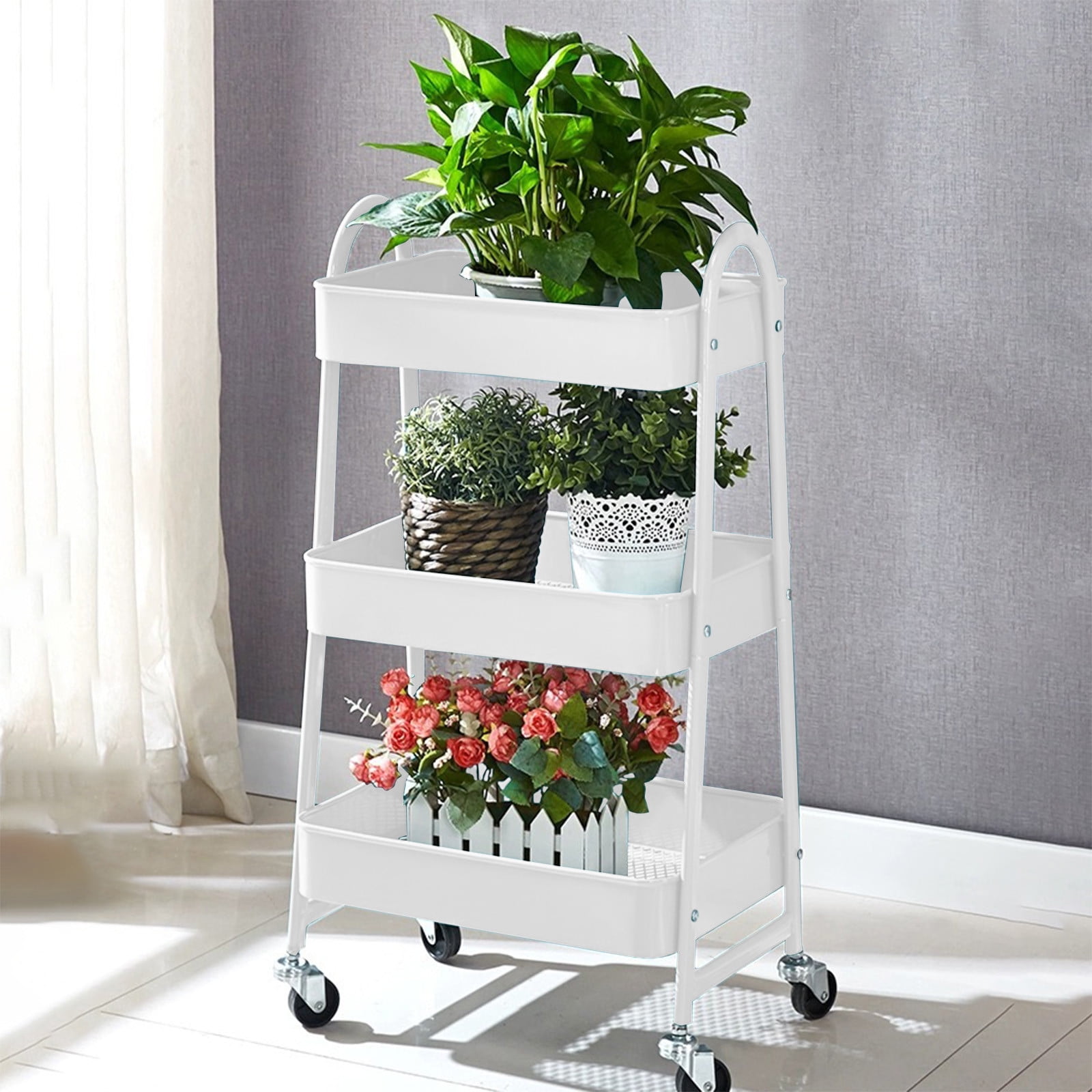 Metal 3-Tier Storage Cart with Handle and Lockable Wheels Stackable ...