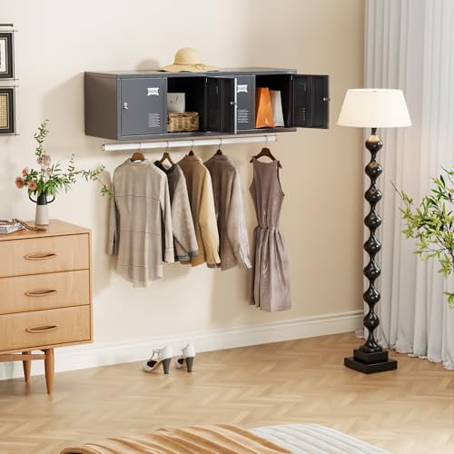 Metal 4 Doors Locker Cabinet with Hanging Rod, Wall-Mounted Storage ...
