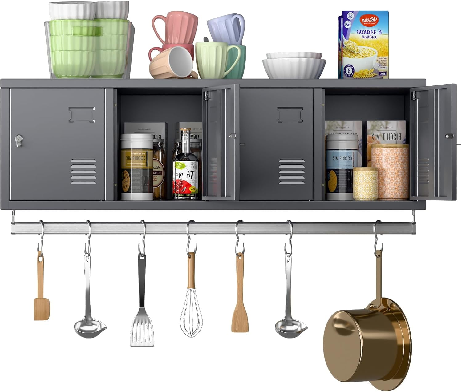 Metal 4 Doors Locker Cabinet with Hanging Rod, Wall-Mounted Storage ...