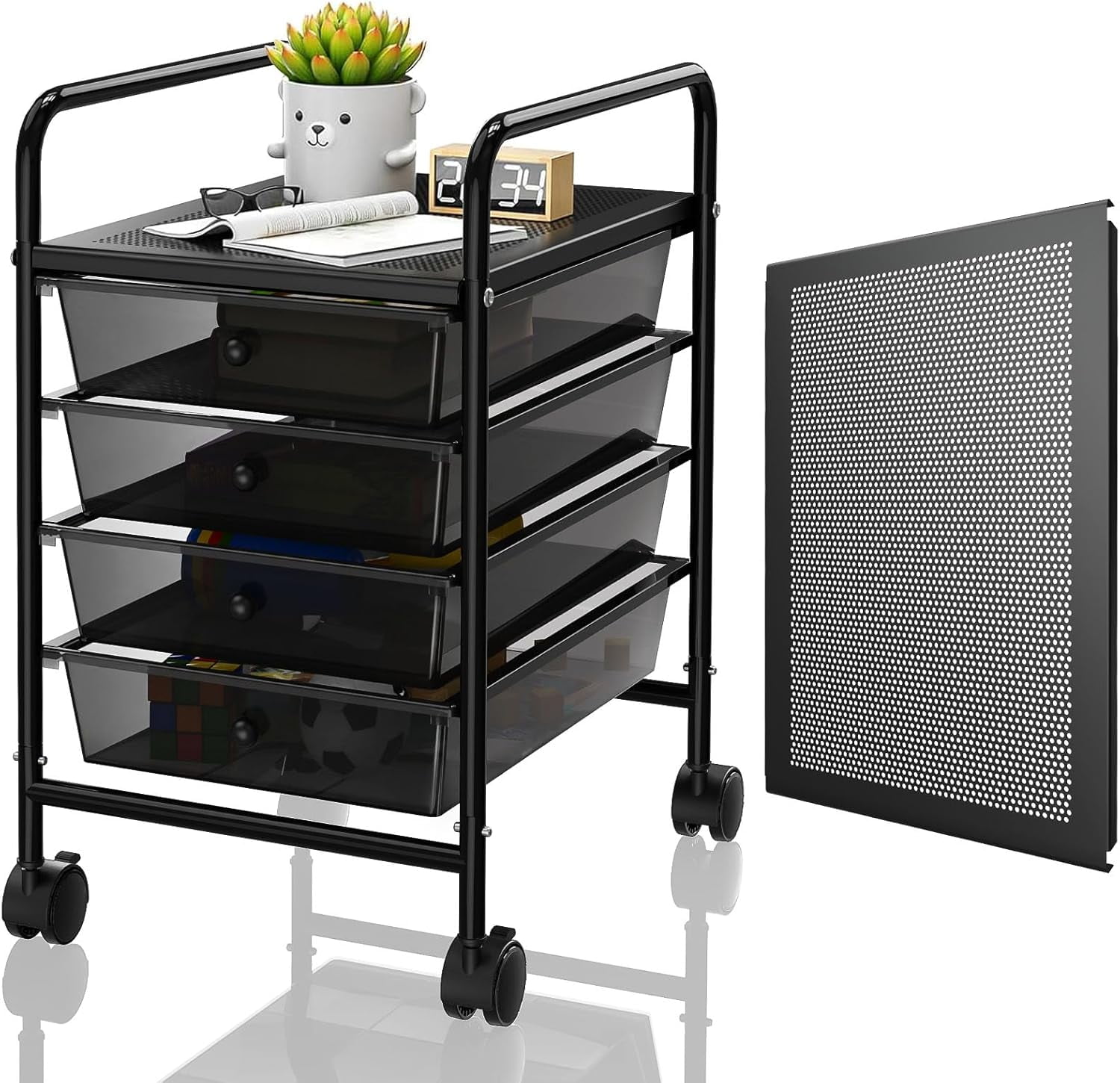 Metal 4 Tier Rolling Cart with 4 Drawers,1 Table Top & 4 Wheels ...