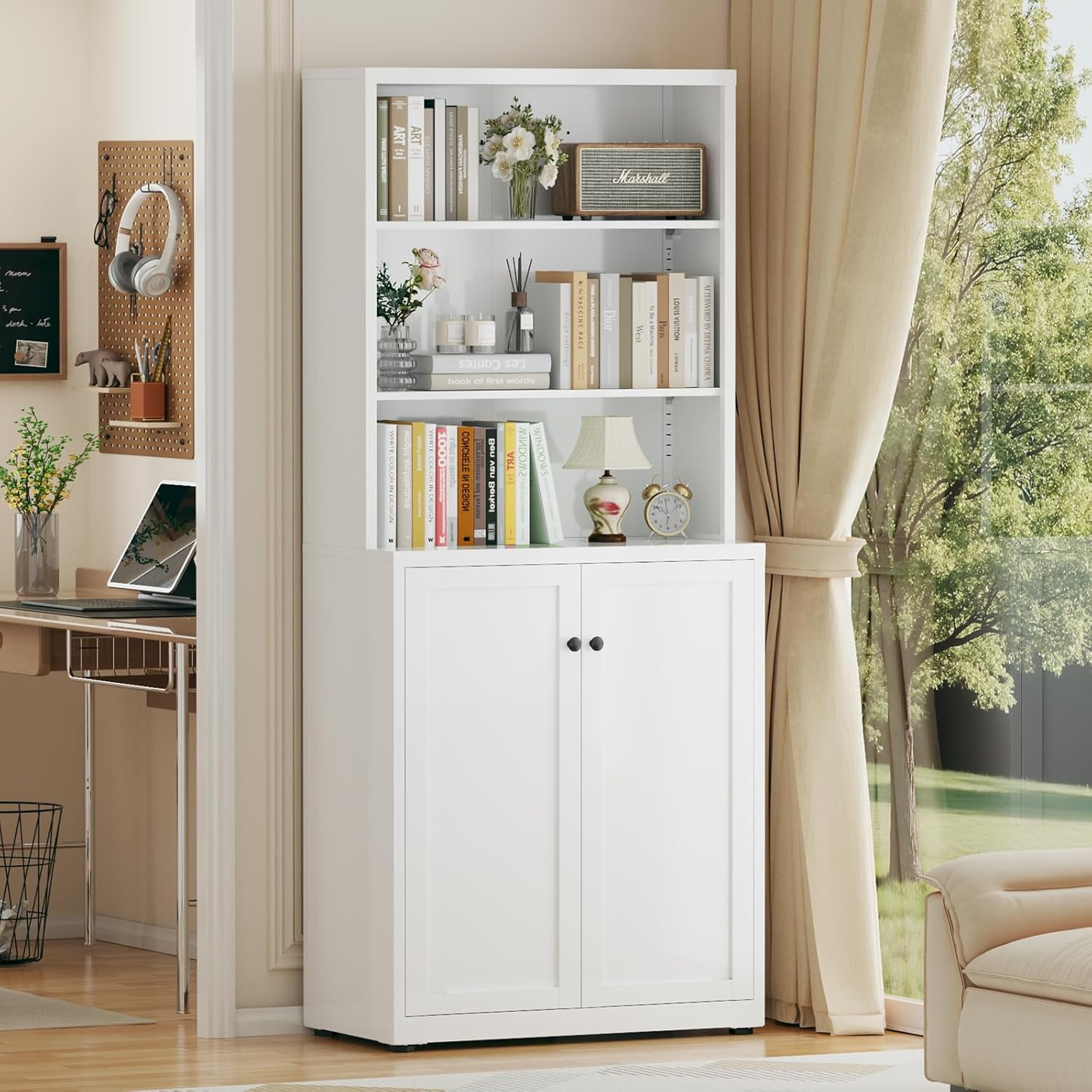 Metal 6-Tier Tall Bookcase with Doors, 71.6" Bookshelf with Adjustable ...