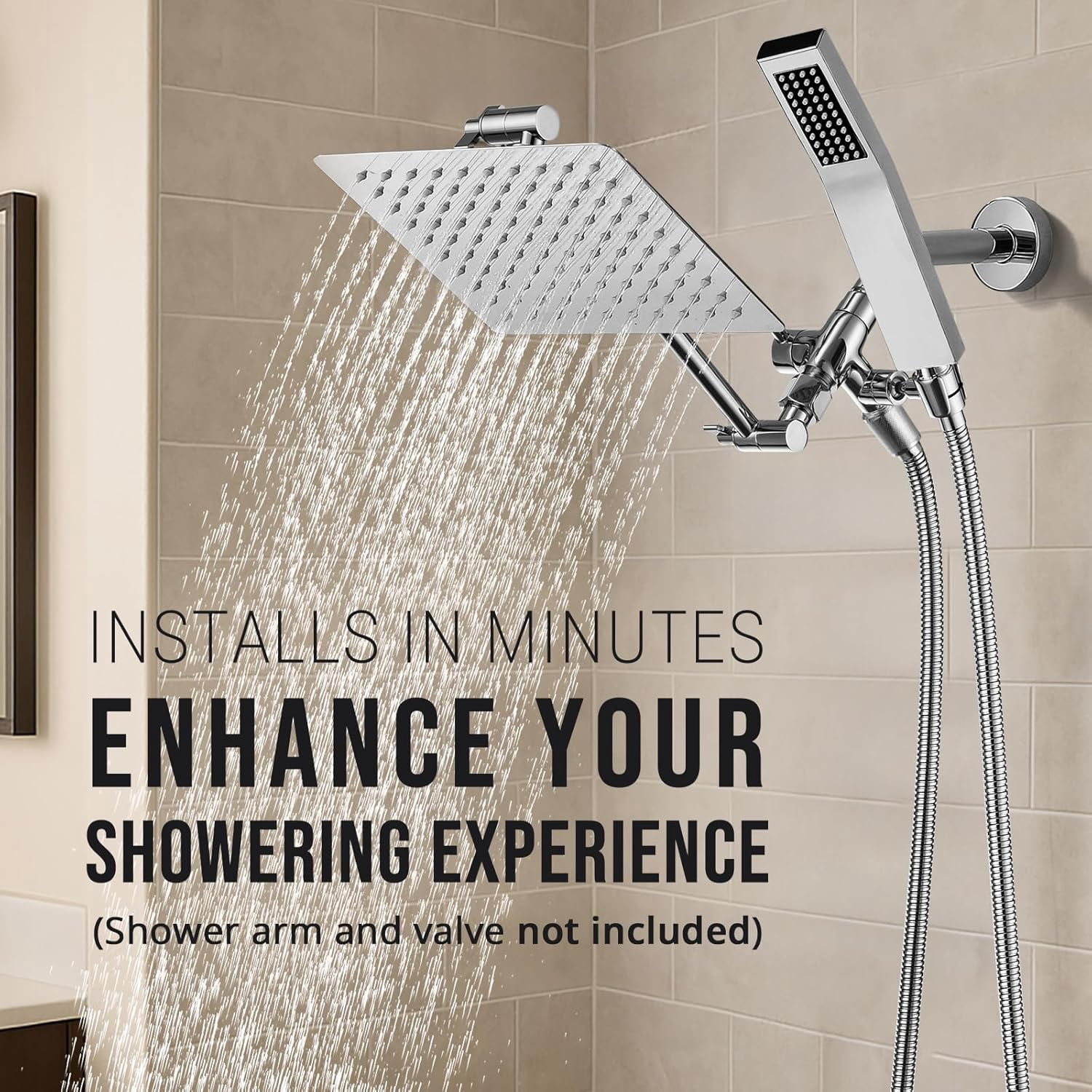 All Metal 8 Inch Dual Square Shower Head with Handheld Spray Combo ...