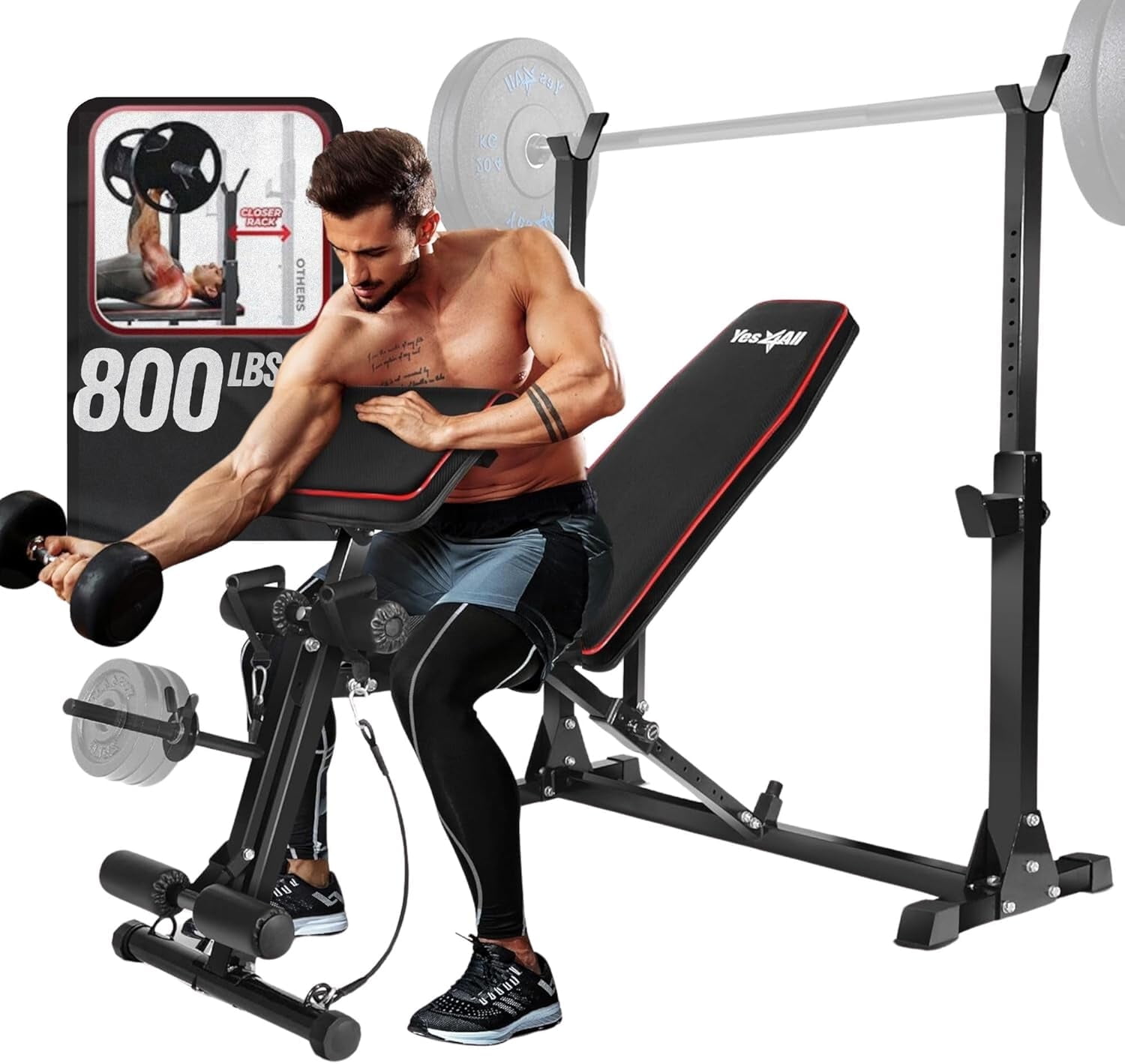Yes4All Adjustable Weight Bench with Rack, 800lbs Workout Bench Press with Leg Extension ...