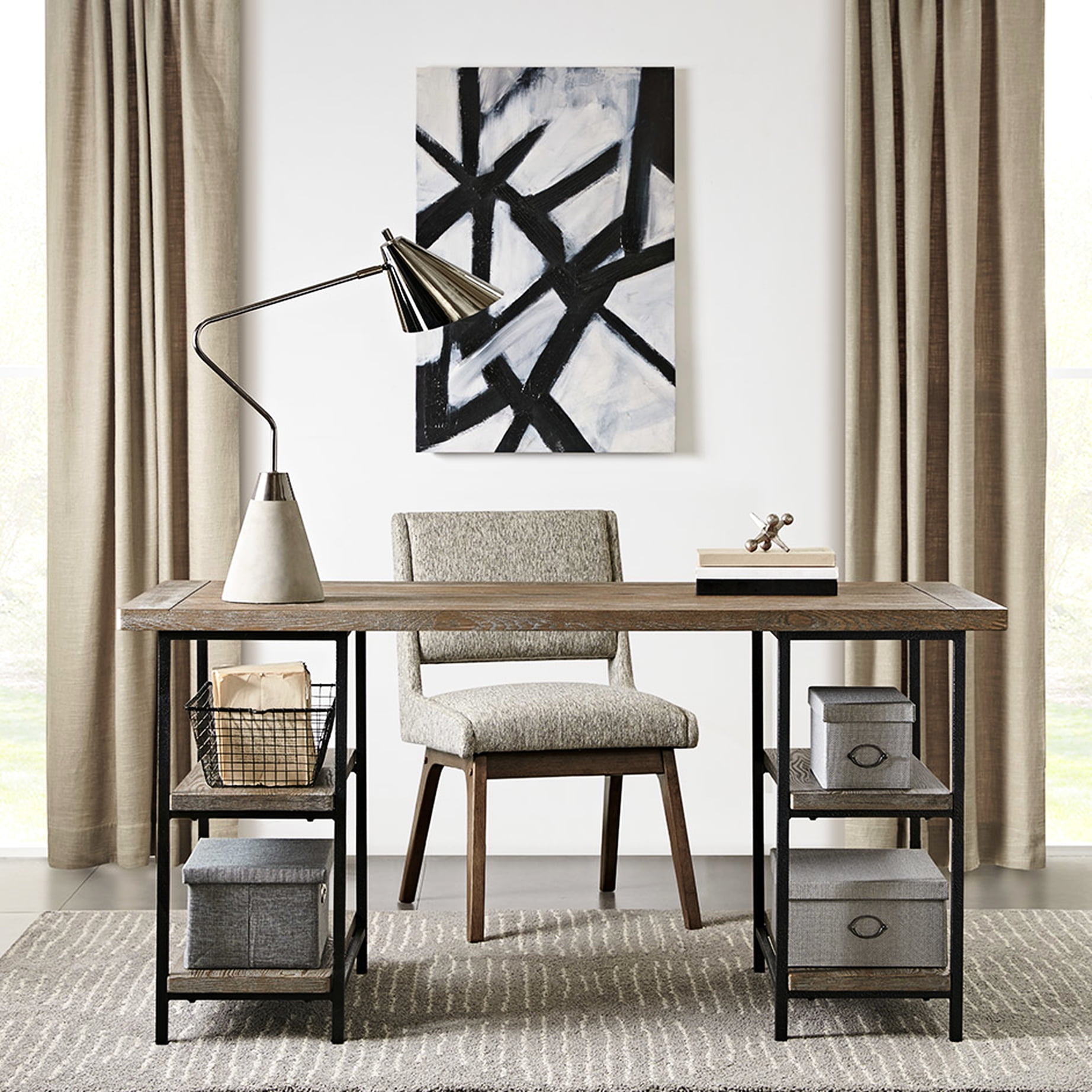 Metal And Wood Desk With Reclaimed Grey Finish, 4 Shelf Space Table ...