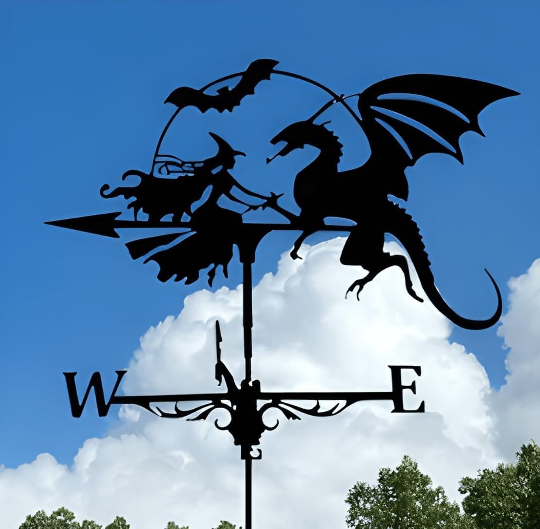 Metal Animal Weather Vane Iron Witch and Dragon 2-in-1.Outdoor Roof ...