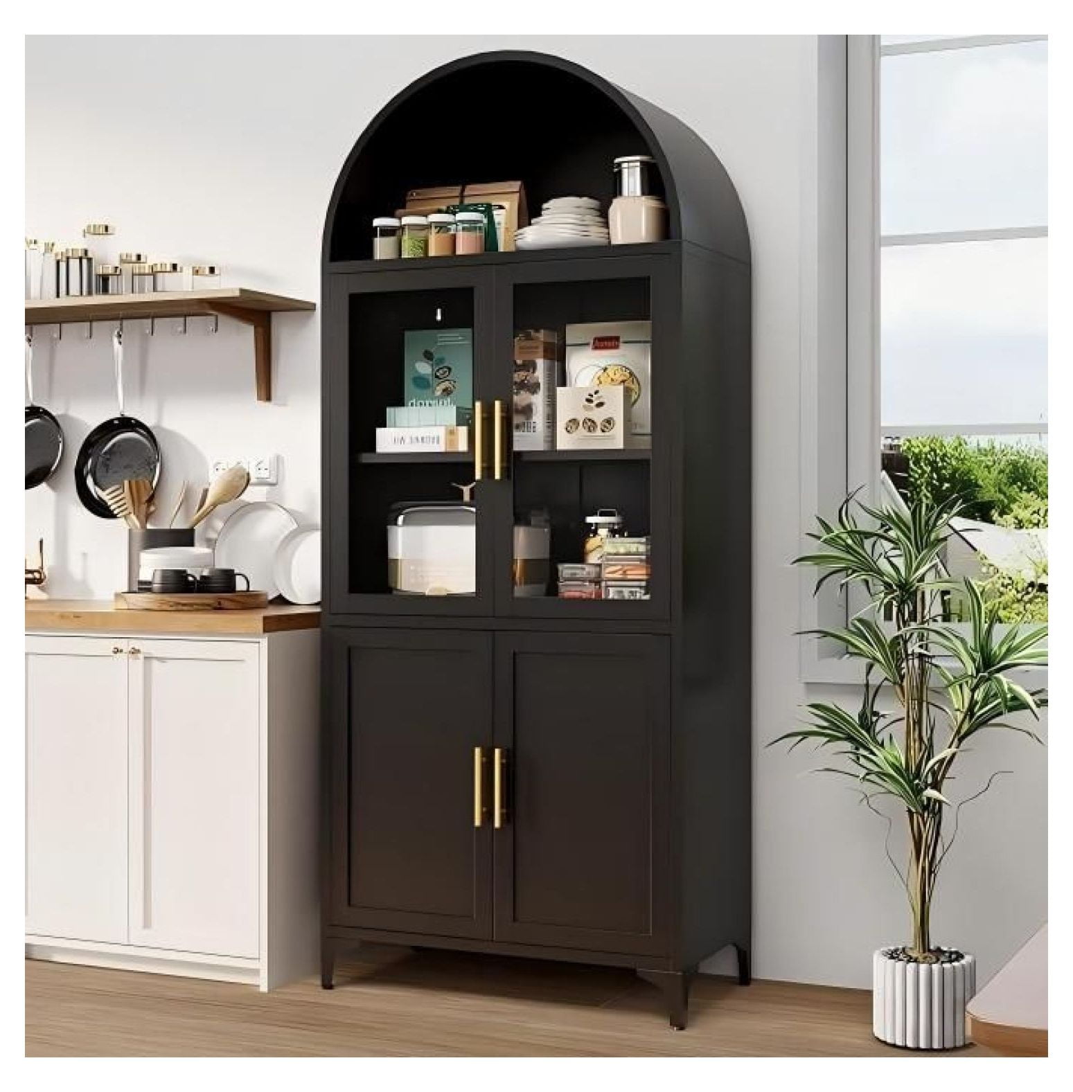 Metal Arch Cabinet 72.8", Tall Kitchen Bookcase with Glass Doors ...