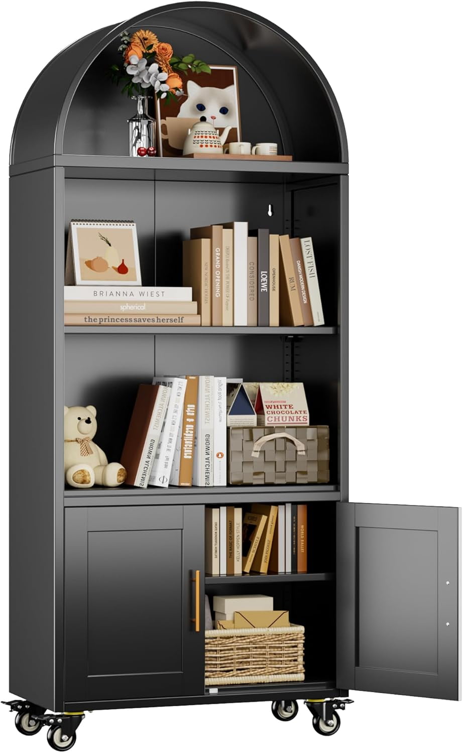 Metal Arched Bookcase with Wheels, Modern Freestanding Black Arch ...