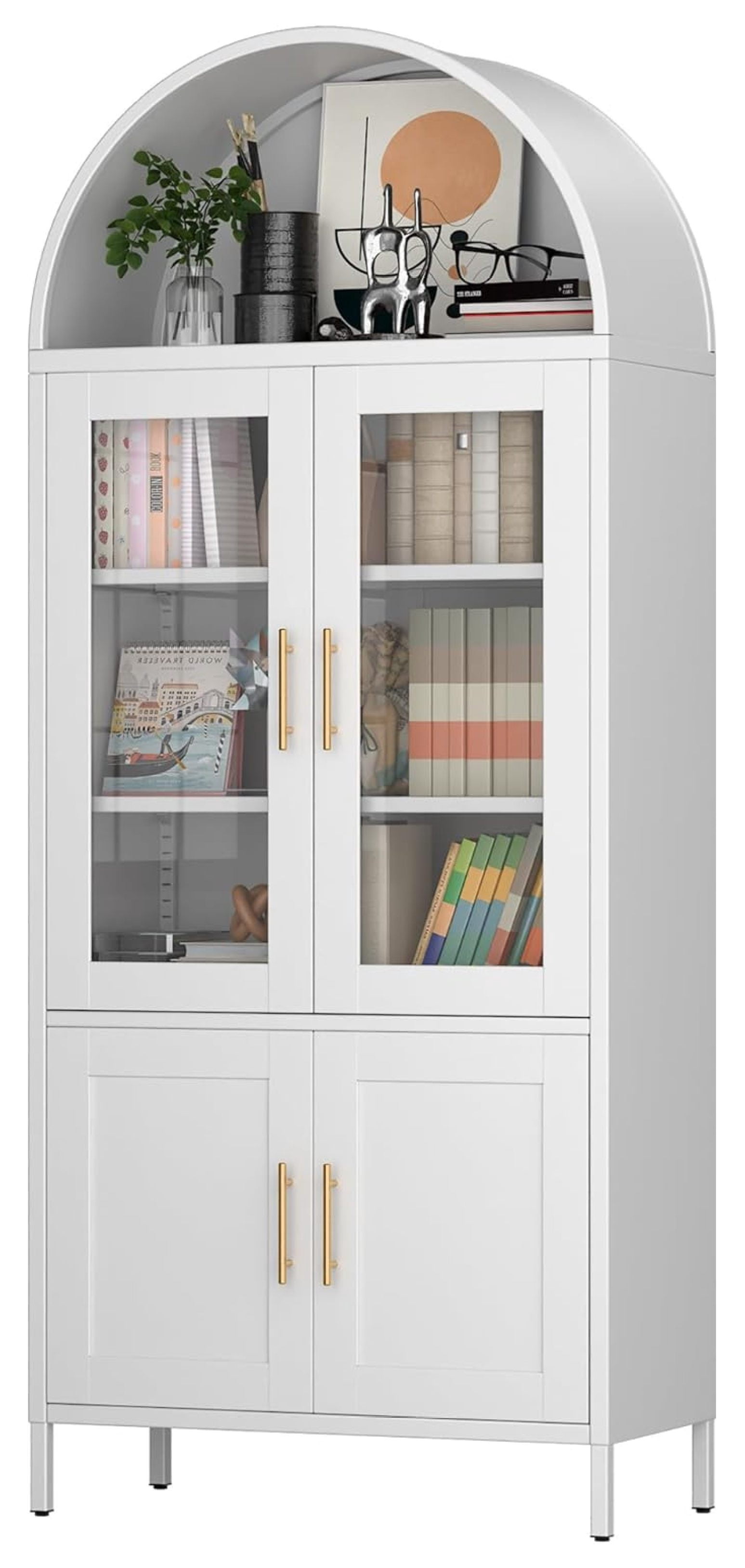 Metal Arched Storage Cabinet, Arch Bookcase with Glass Doors, Modern ...