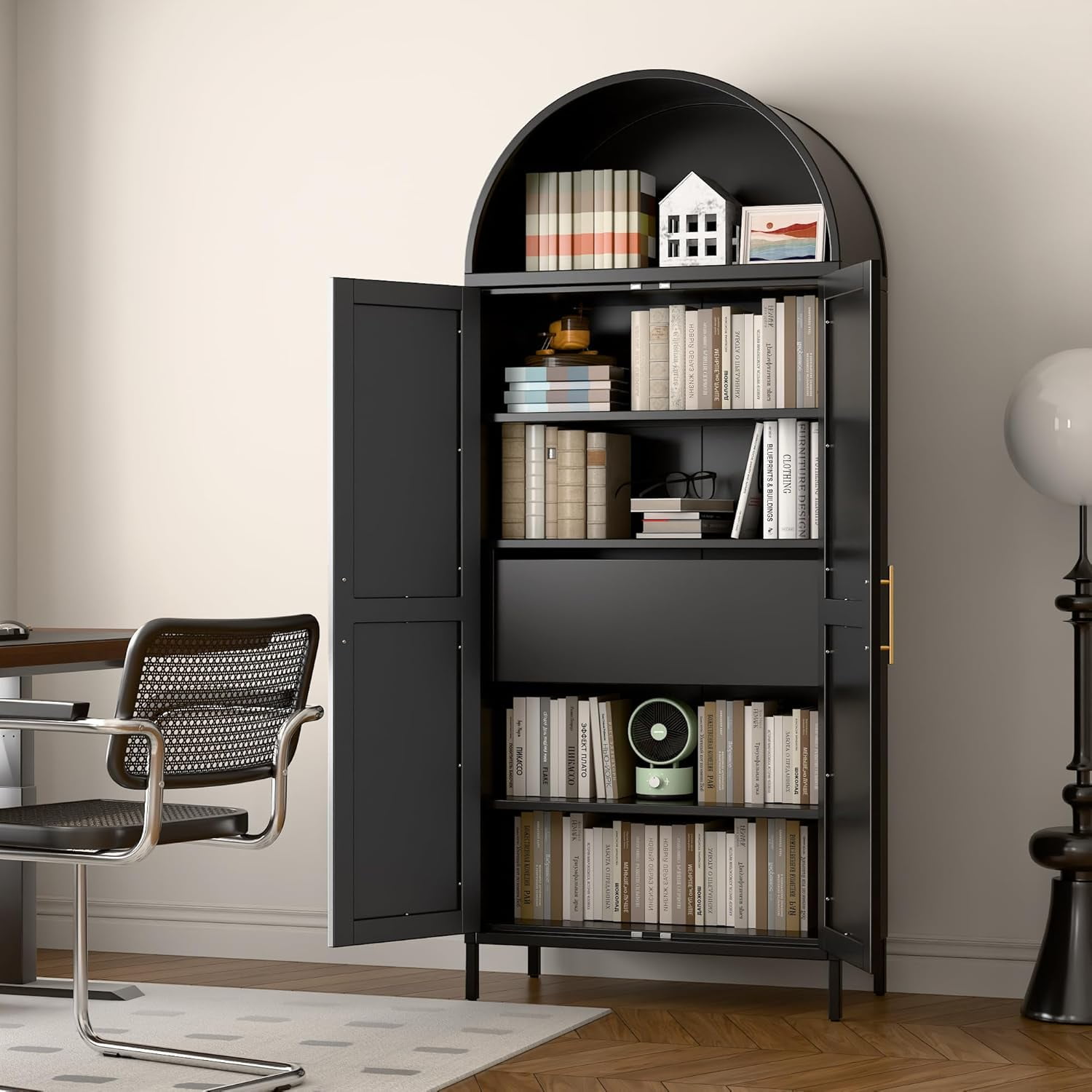 Metal Arched Storage Cabinet Black Arch Bookcase with Glass Doors ...