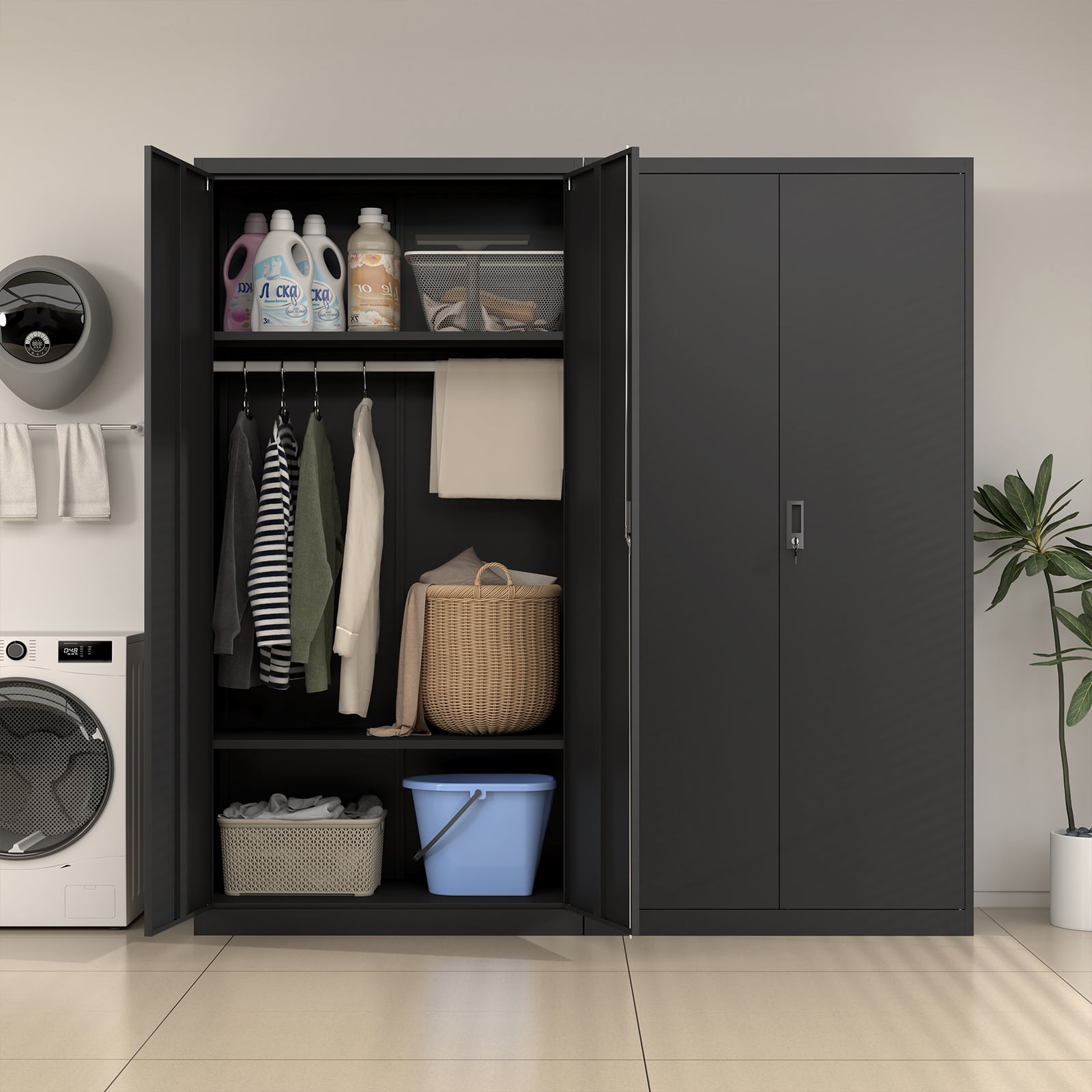 Metal Armoire Wardrobe Cabinets,70" Black Locker Steel Wardrobe Bedroom ...