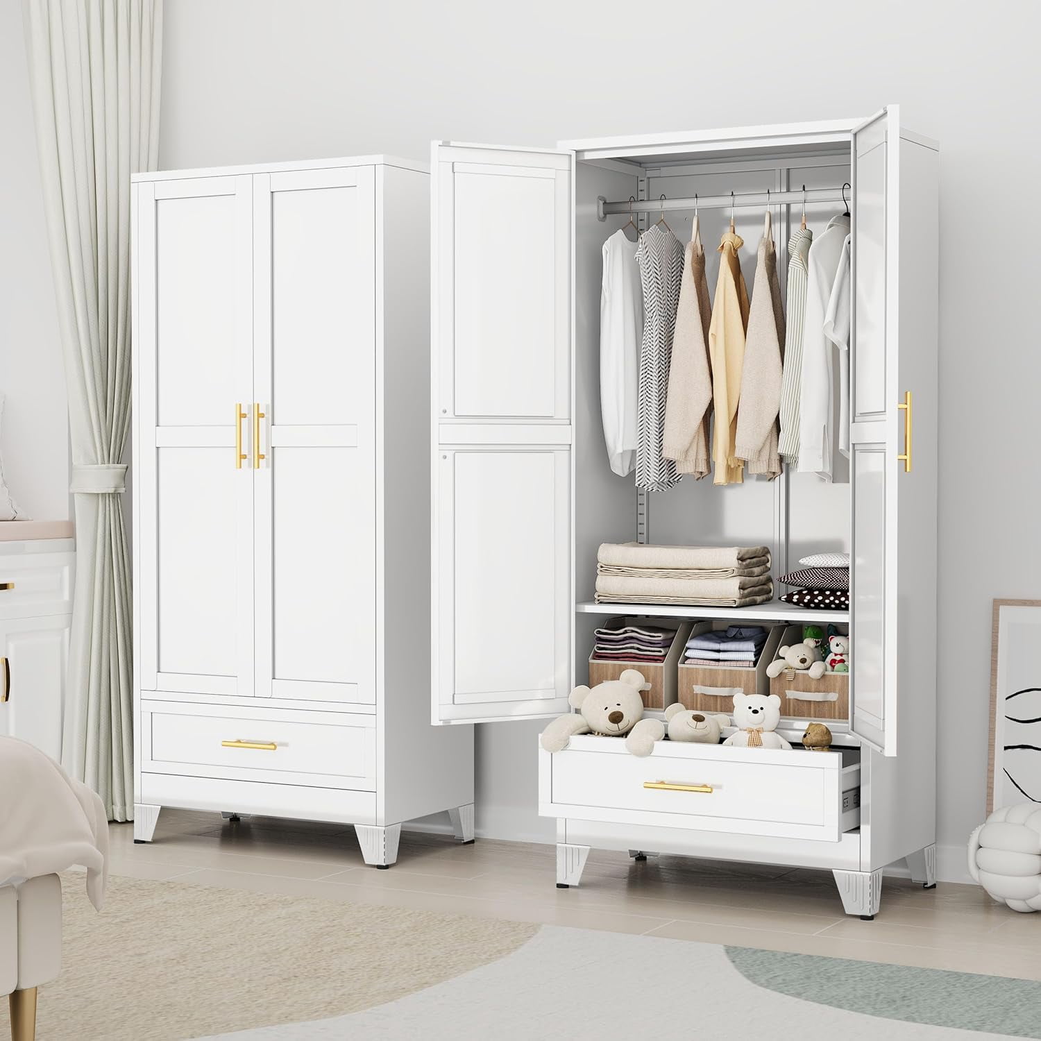 Metal Armoire Wardrobe Closet, 71 "Tall Clothing Storage Cabinet with ...