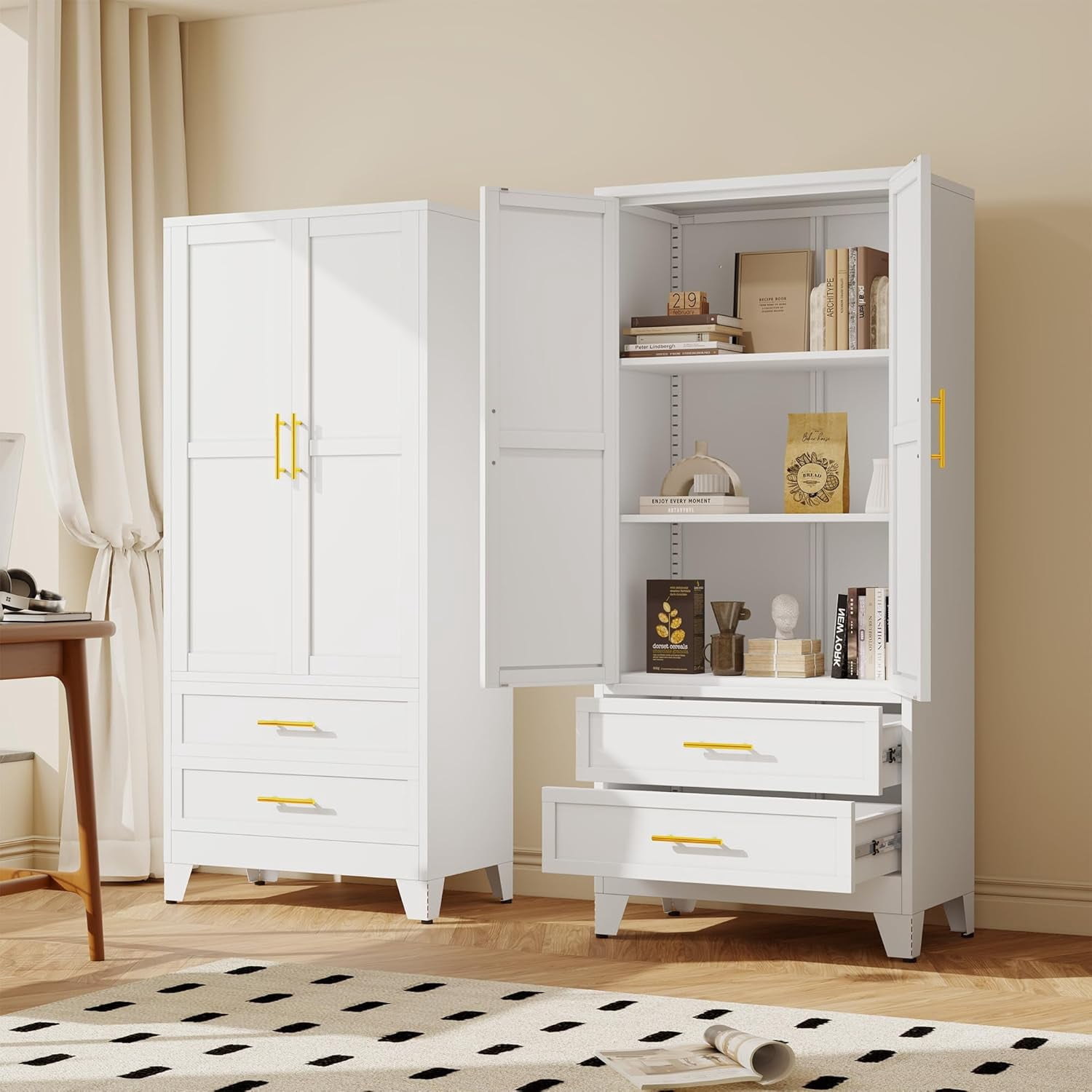Metal Armoire Wardrobe Closet with Hanging Rod, Clothing Storage ...
