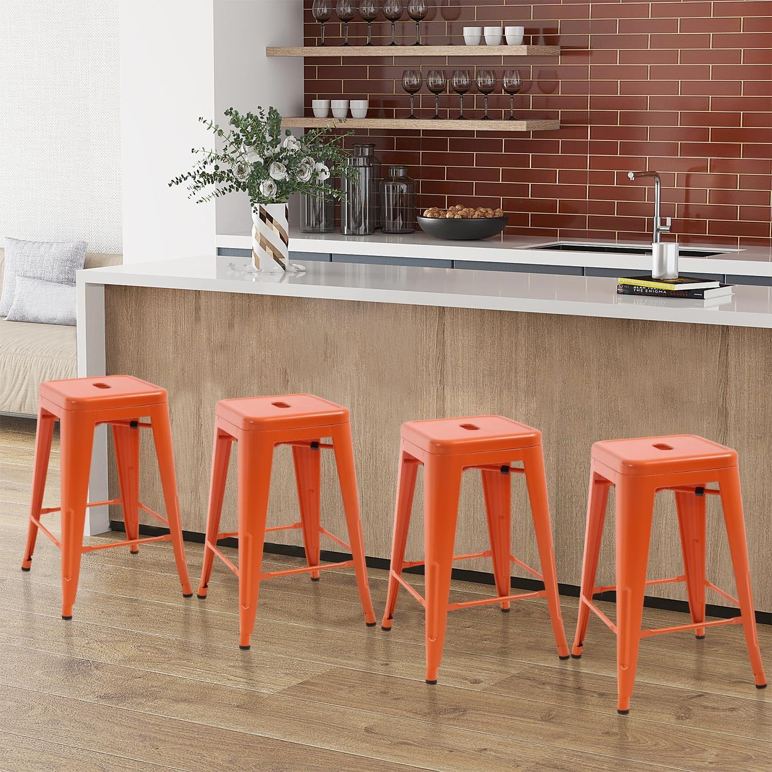 Metal Bar Stools for Kitchen Island, 24 inch Bar Stool of 4, Indoor ...