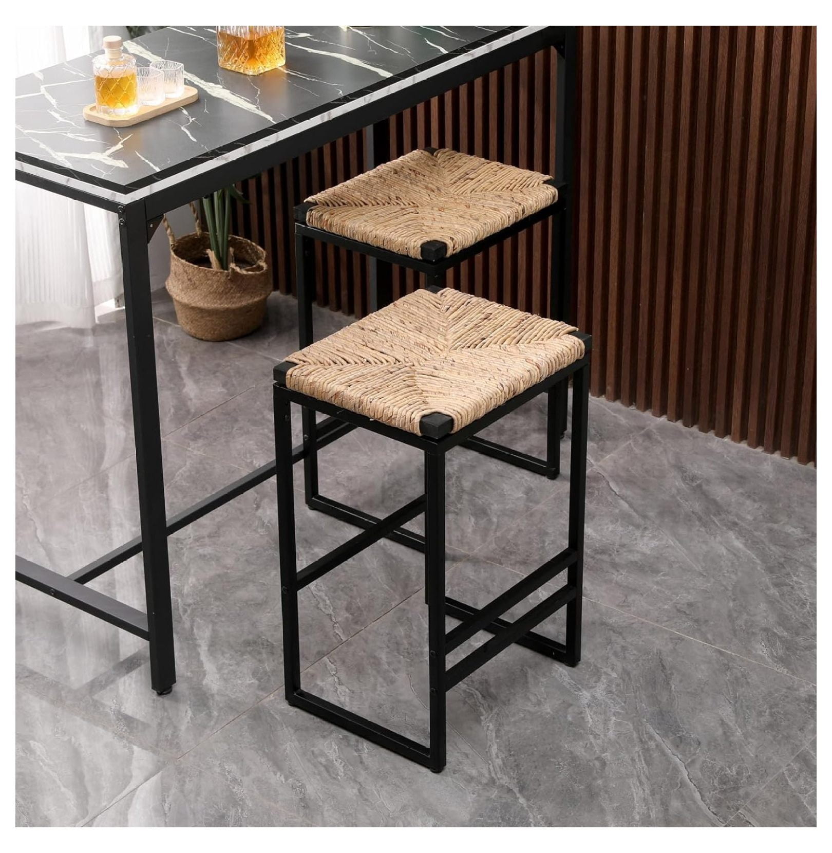 Metal Bar Stools Set of 2, Rattan Counter Height Stools with Woven Seat ...